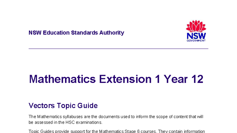 Mathematics Extension 1 Year 12: Vectors Topic Guide - Studocu