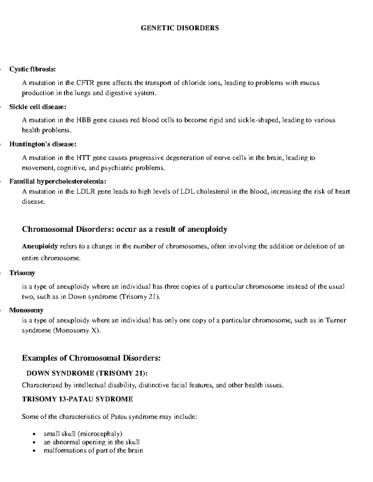 GEN 101: Genetic Disorders Overview and Key Examples - Studocu