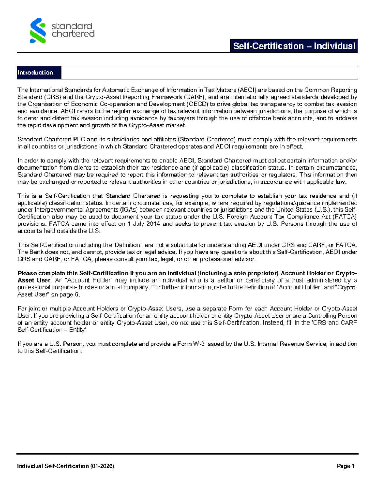Self-Certification Form for AEOI Compliance (Individual) - Studocu