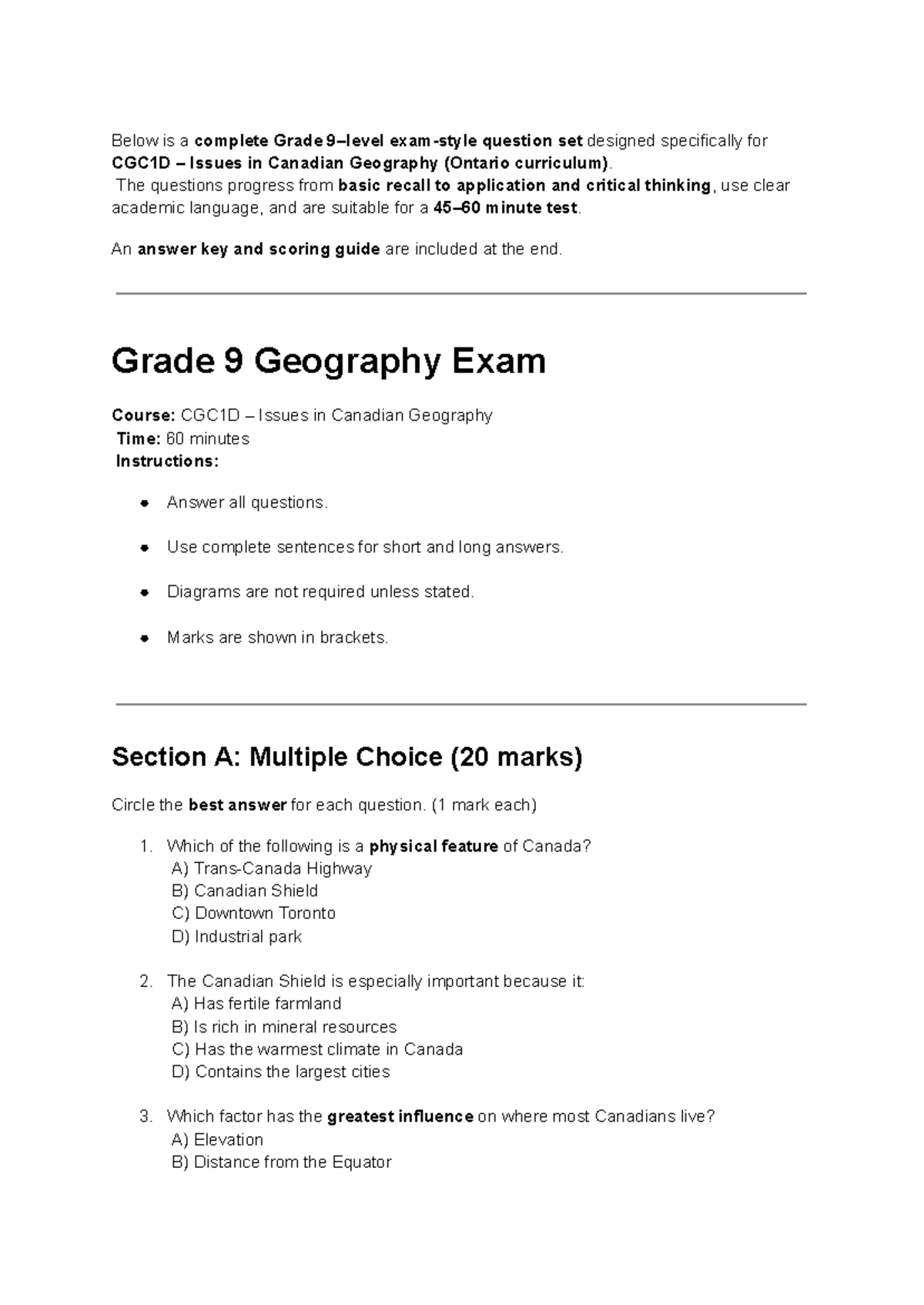 Grade 9 Geography Exam CGC1D: Complete Question Set & Answer Key - Studocu
