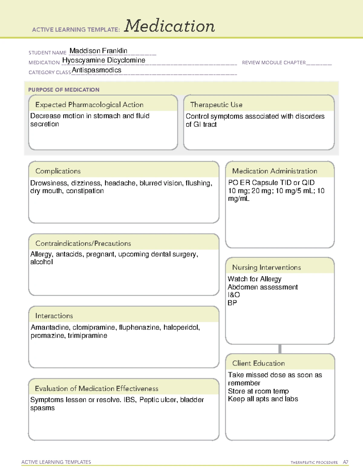 H2 - Drug card - ACTIVE LEARNING TEMPLATES THERAPEUTIC PROCEDURE A ...