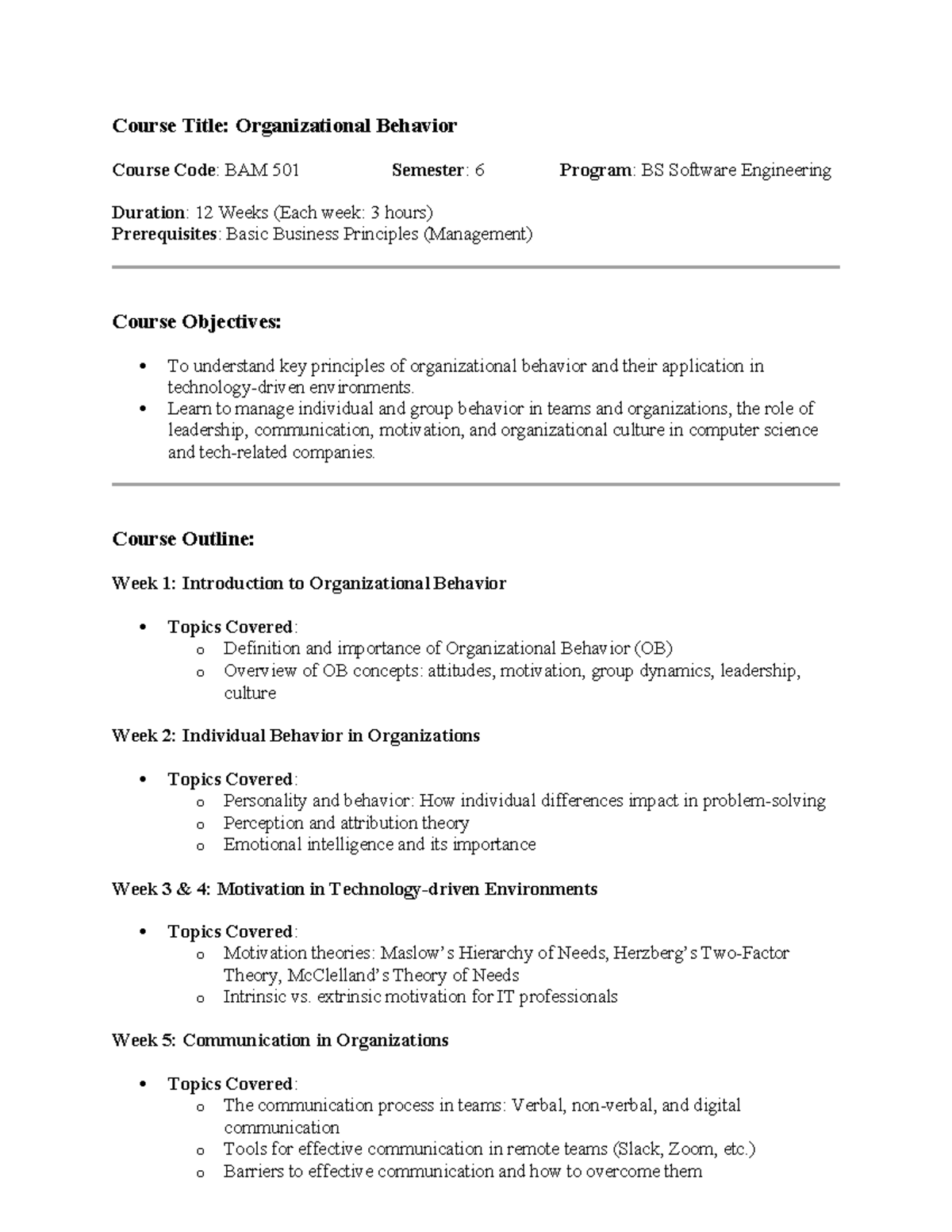 BAM 501: Organizational Behavior Course Outline and Key Concepts - Studocu