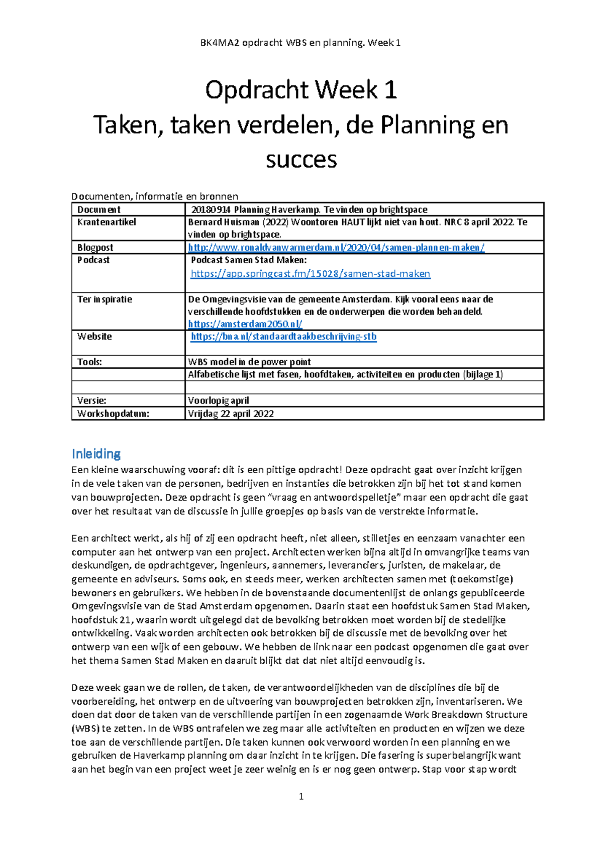 Opdracht Week 1 MA2 WBS - Taken en Planning Bouwprojecten 2021-2022 ...