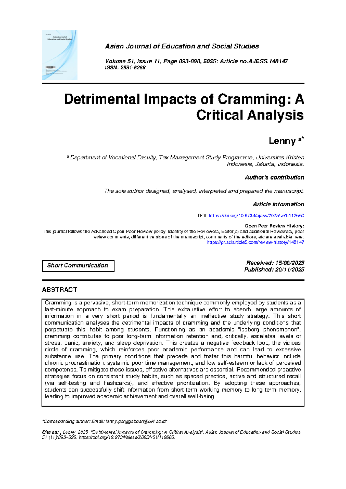Impacts of Cramming: A Critical Analysis (AJESS 51.11) - Studocu