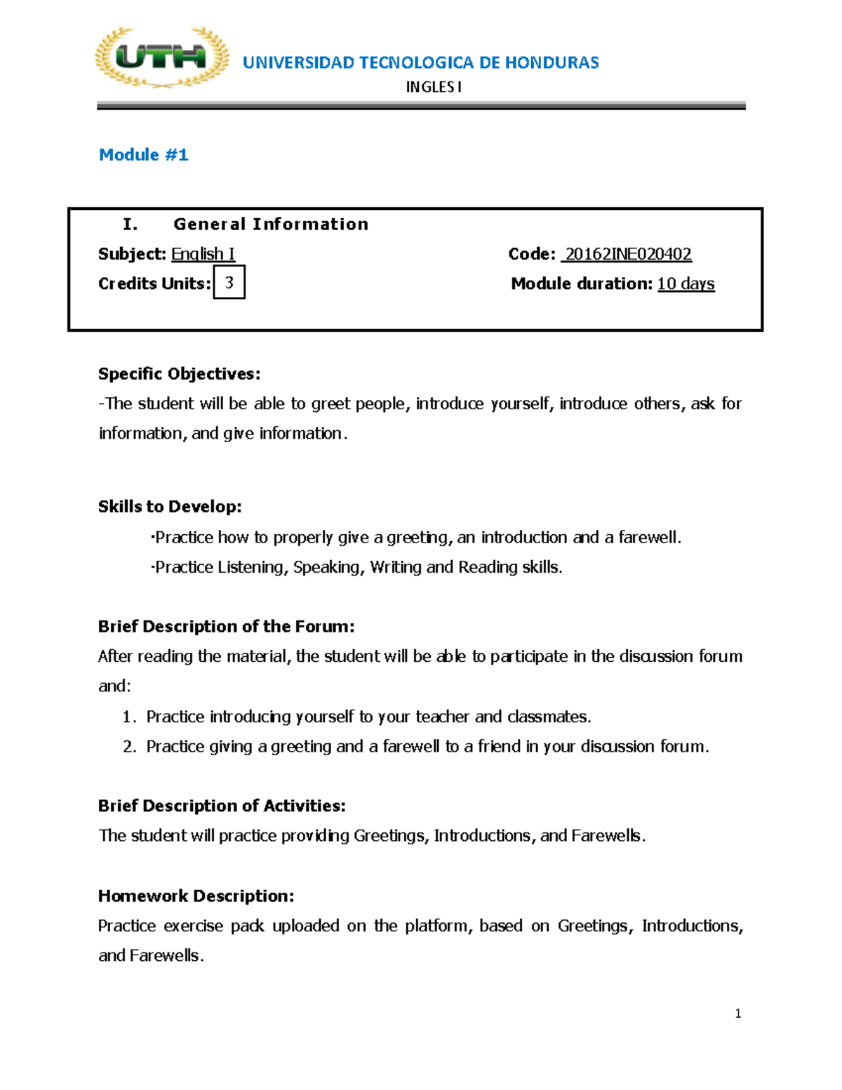 Module 1: Greetings, Introductions, and Farewells (20162INE) - Studocu