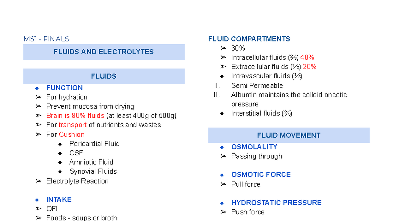 MS1 FINAL EXAM NOTES: Fluids and Electrolytes Overview - Studocu