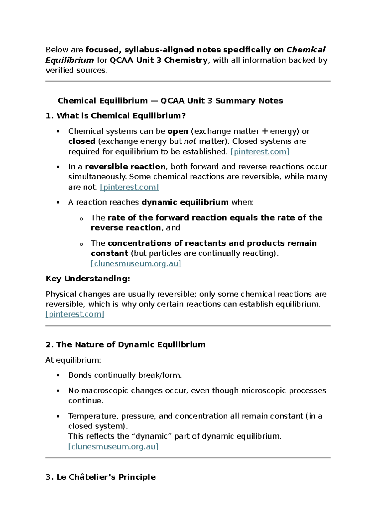 Chemical Equilibrium Summary Notes for QCAA Unit 3 Chemistry - Studocu