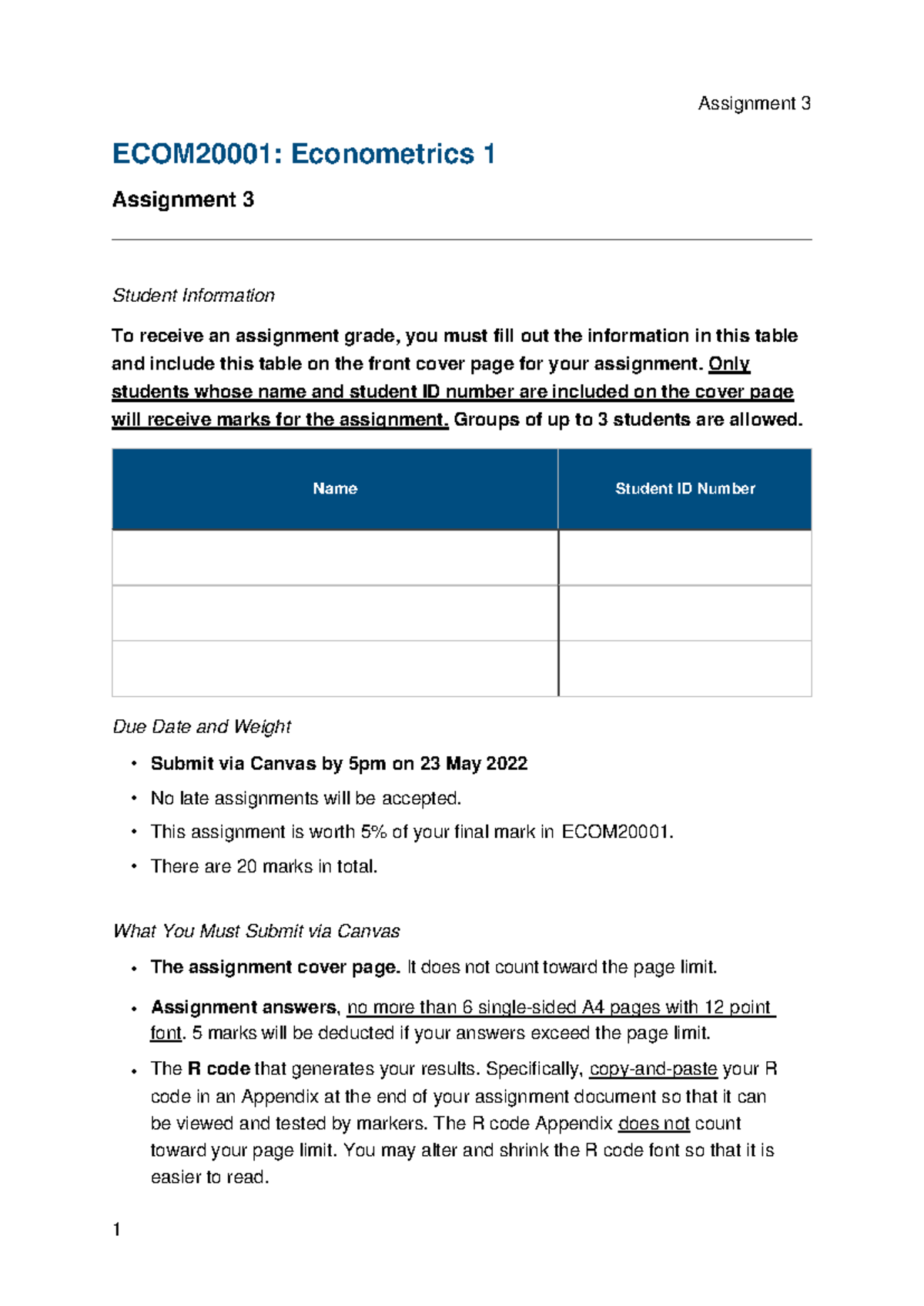 Econometrics one Assignment three questions - ECOM20001: Econometrics 1 ...