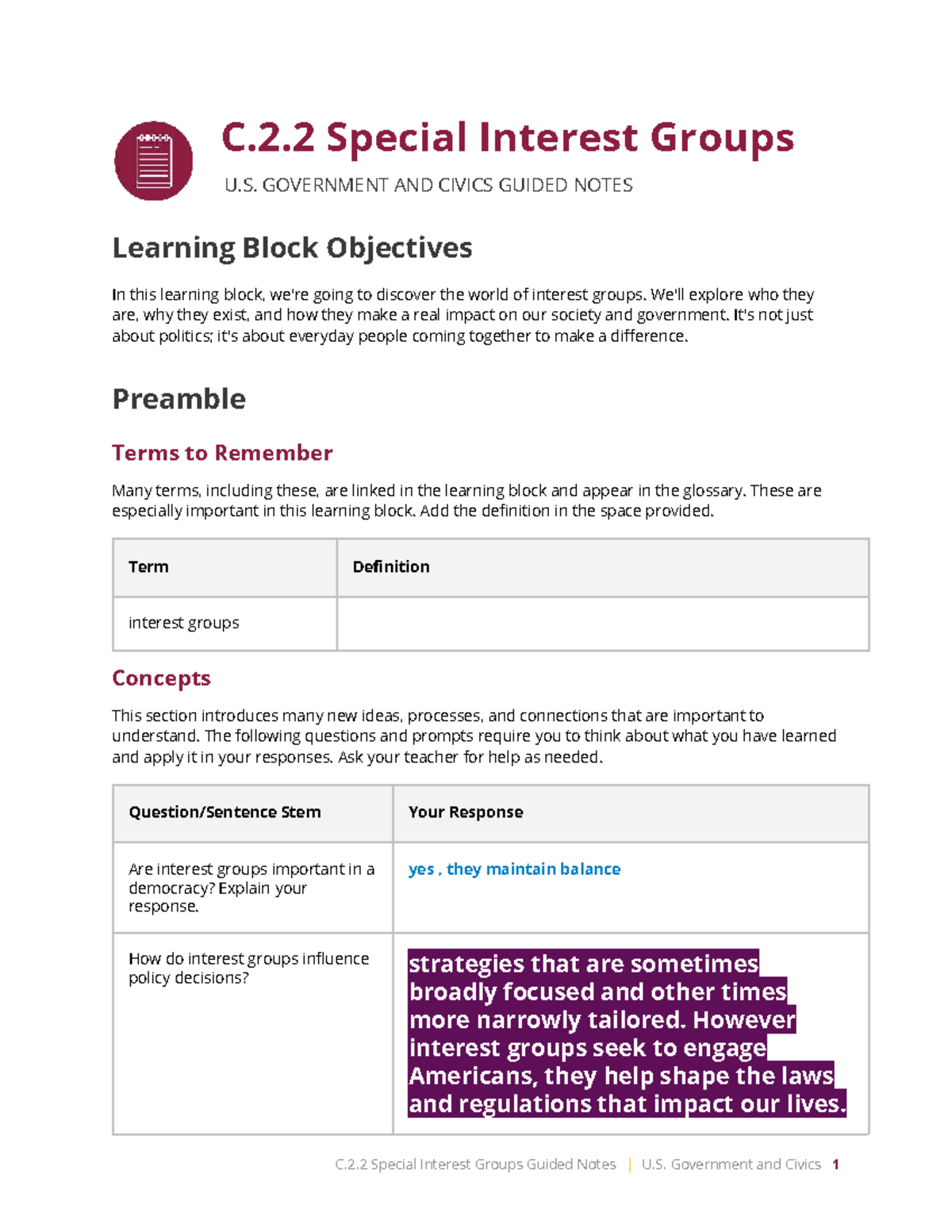 C.2.2 Special Interest Groups Guided Notes | U.S. Government and Civics ...