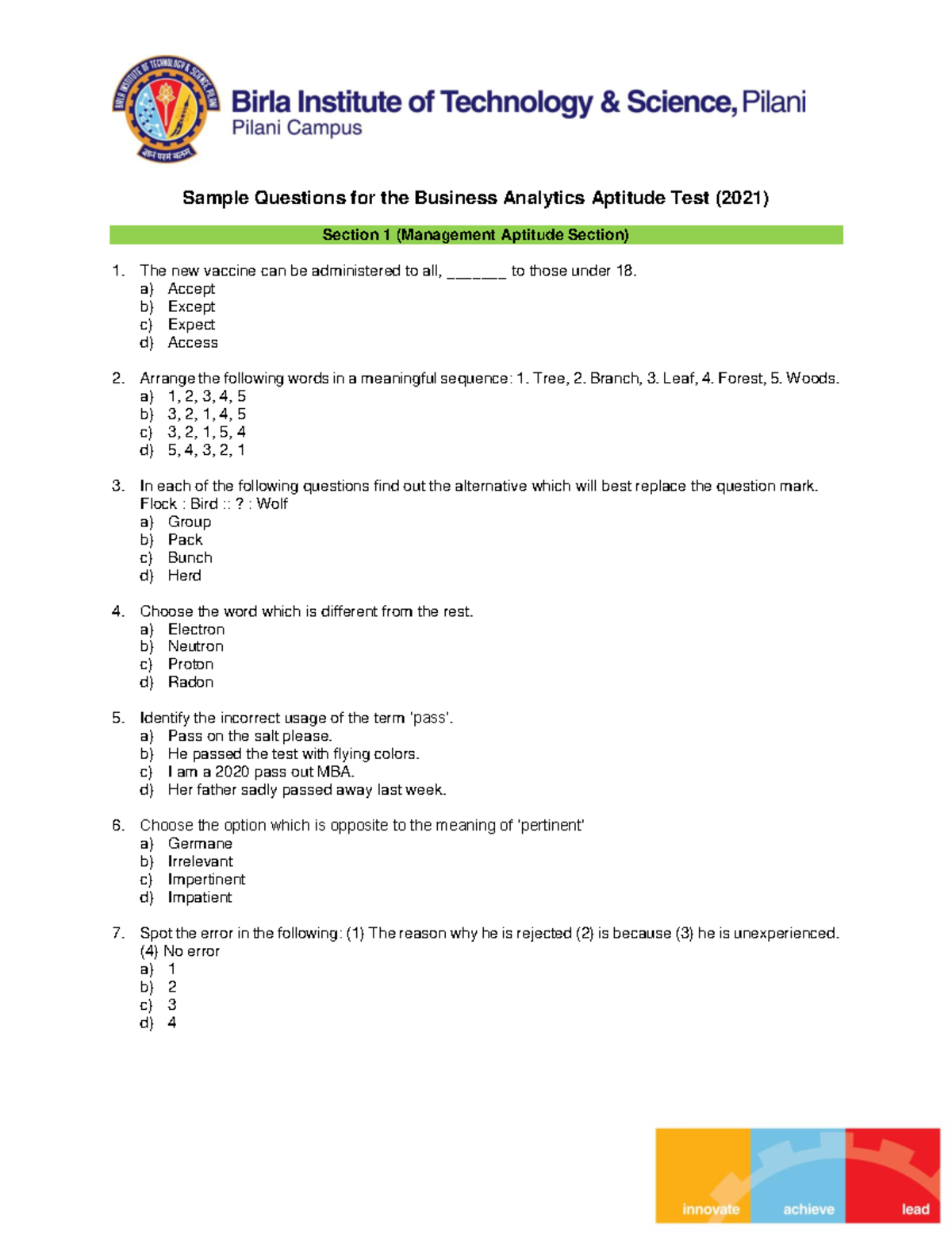 Baatsample Question Paper - Sample Questions for the Business Analytics ...