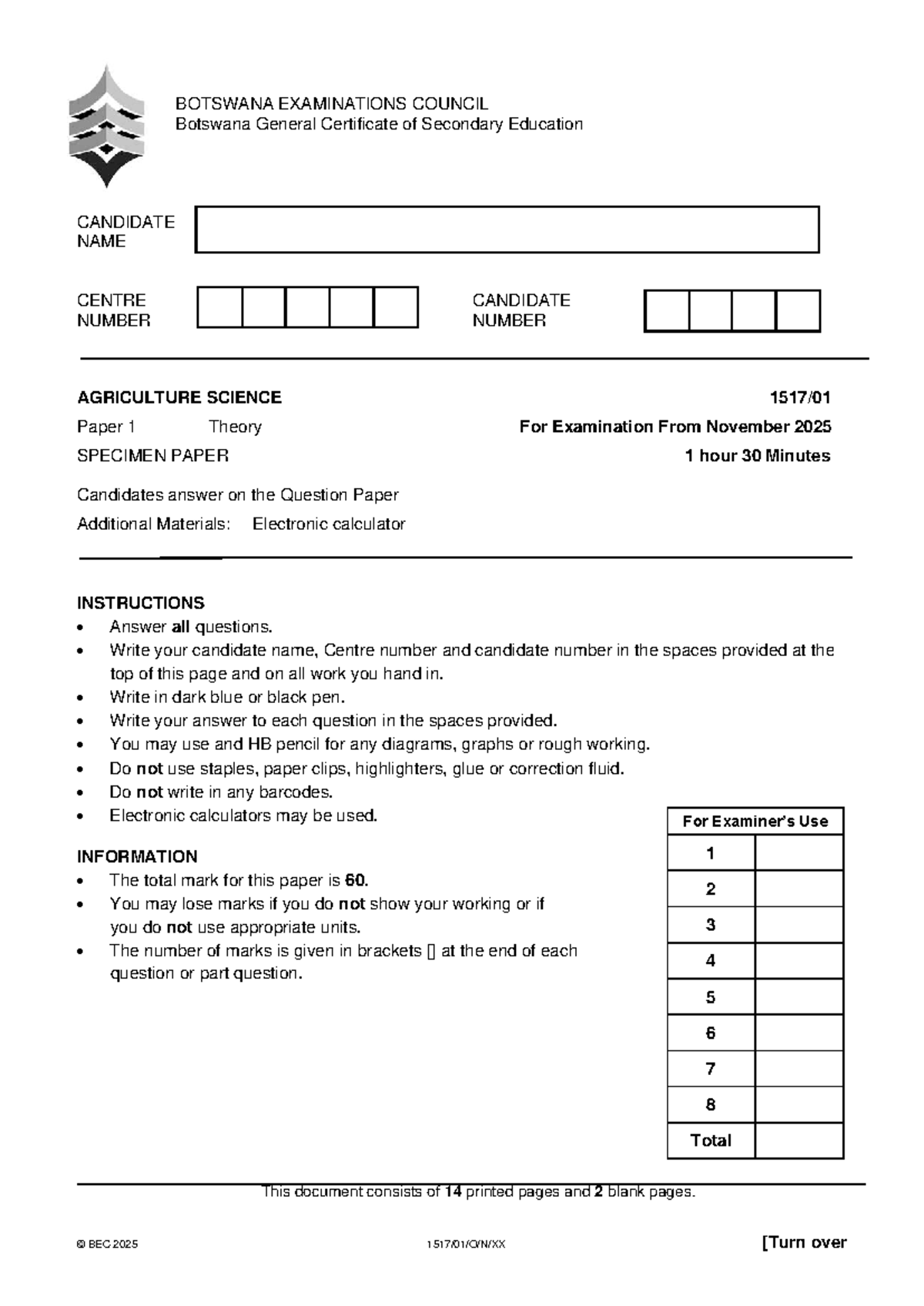 1517 Agriculture Science BEC 2025 Specimen Paper 1 Exam Guide - Studocu