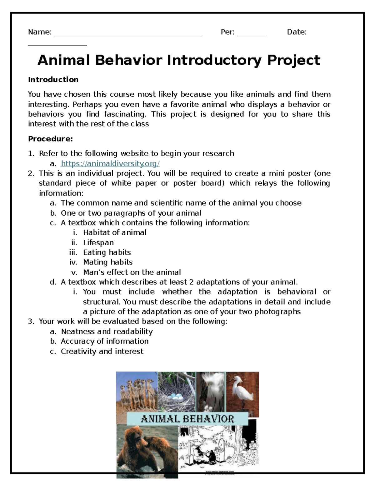 Animal Behavior Introductory Project (AB 101) Guidelines - Studocu