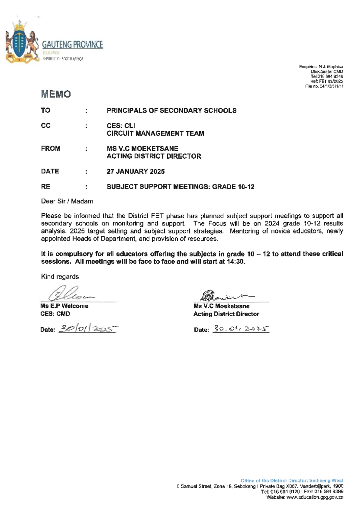 2025 T1 Subject Support Meetings for Grades 10-12 Memo - Studocu