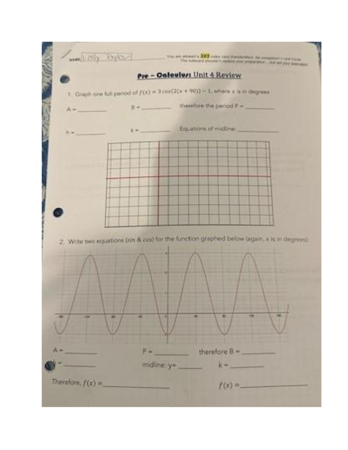 Pre-Calculus Unit 4 Review Test: Trigonometric Functions and ...