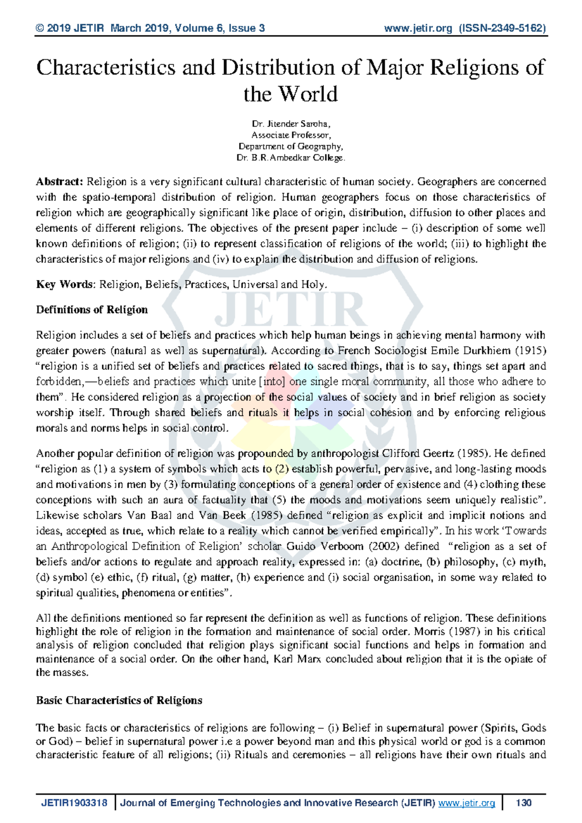 JETIR1903318 World Distribution of Major Religions: Characteristics ...