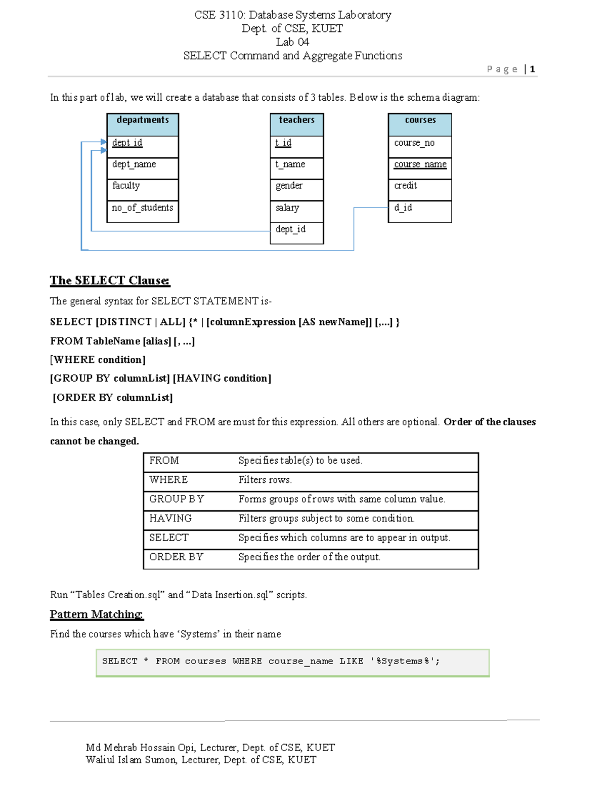 CSE 3110: Lab 04 - SELECT Command & Aggregate Functions - Studocu