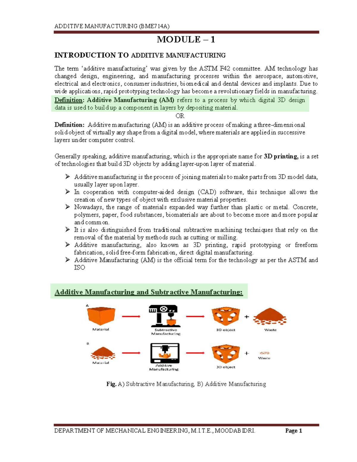 BME714A Module 1: Introduction to Additive Manufacturing Techniques ...