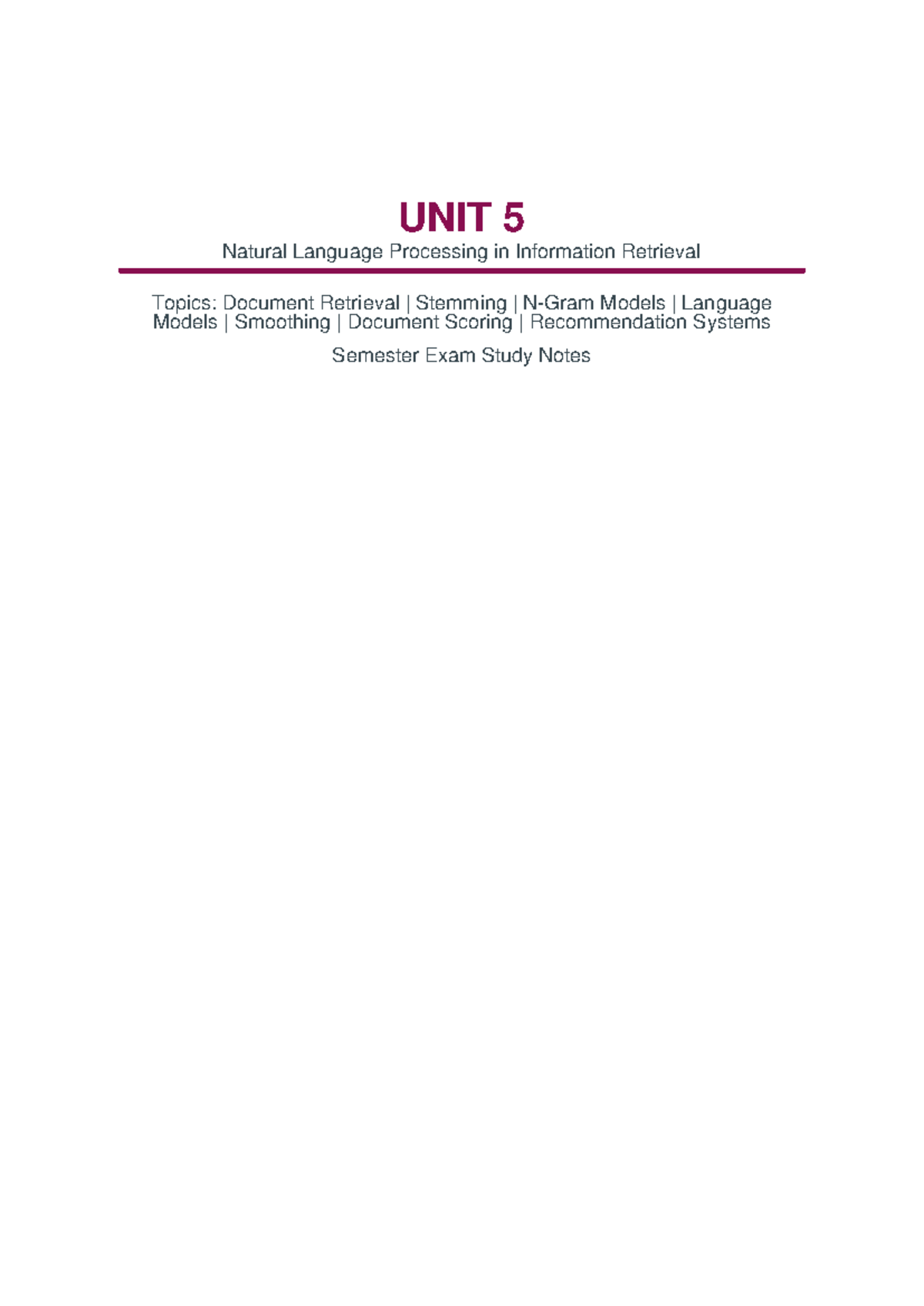 Unit 5 Study Notes: NLP in Information Retrieval & Recommendation ...