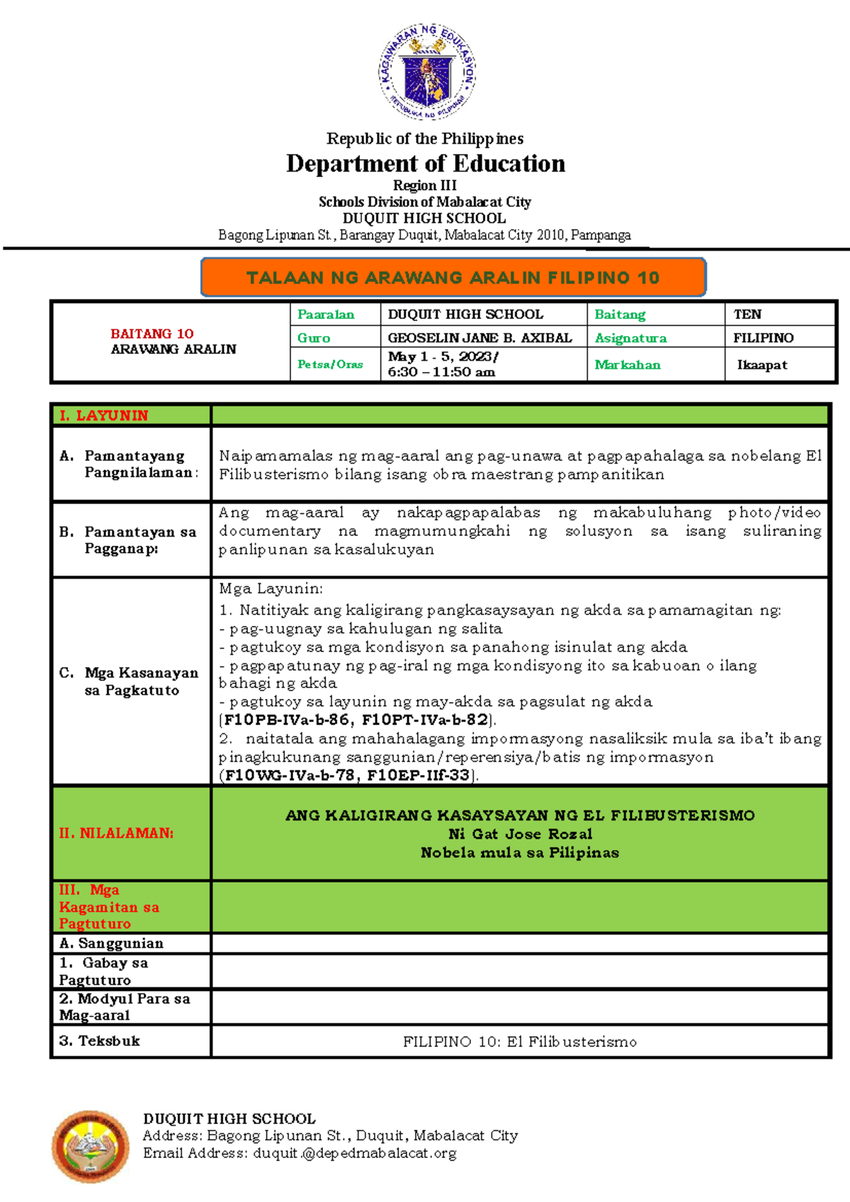 FILIPINO 10: Lesson Plan on El Filibusterismo at Duquit High School ...