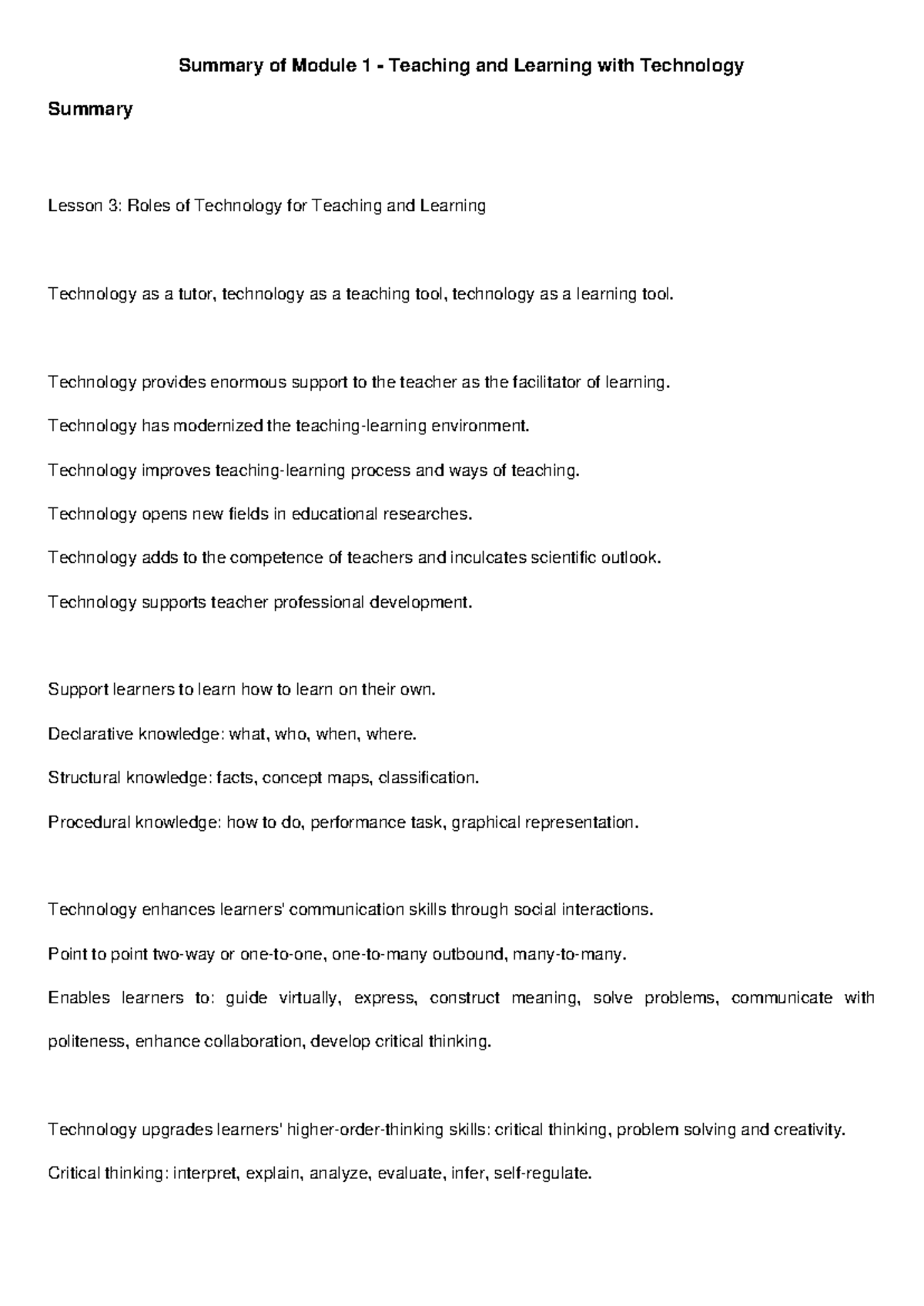 Summary of Module 1: Technology in Teaching & Learning - Studocu