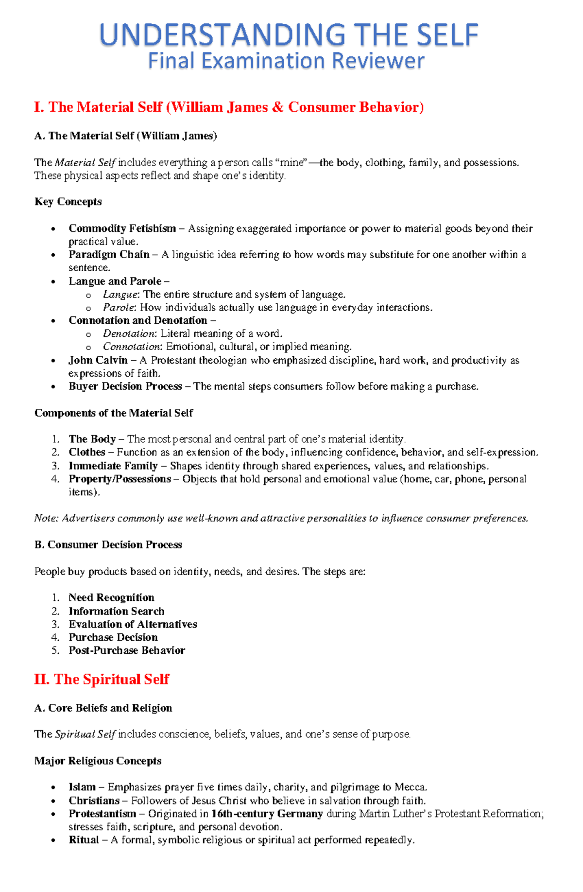 UTS20 Understanding the Self Final Exam Reviewer - Studocu