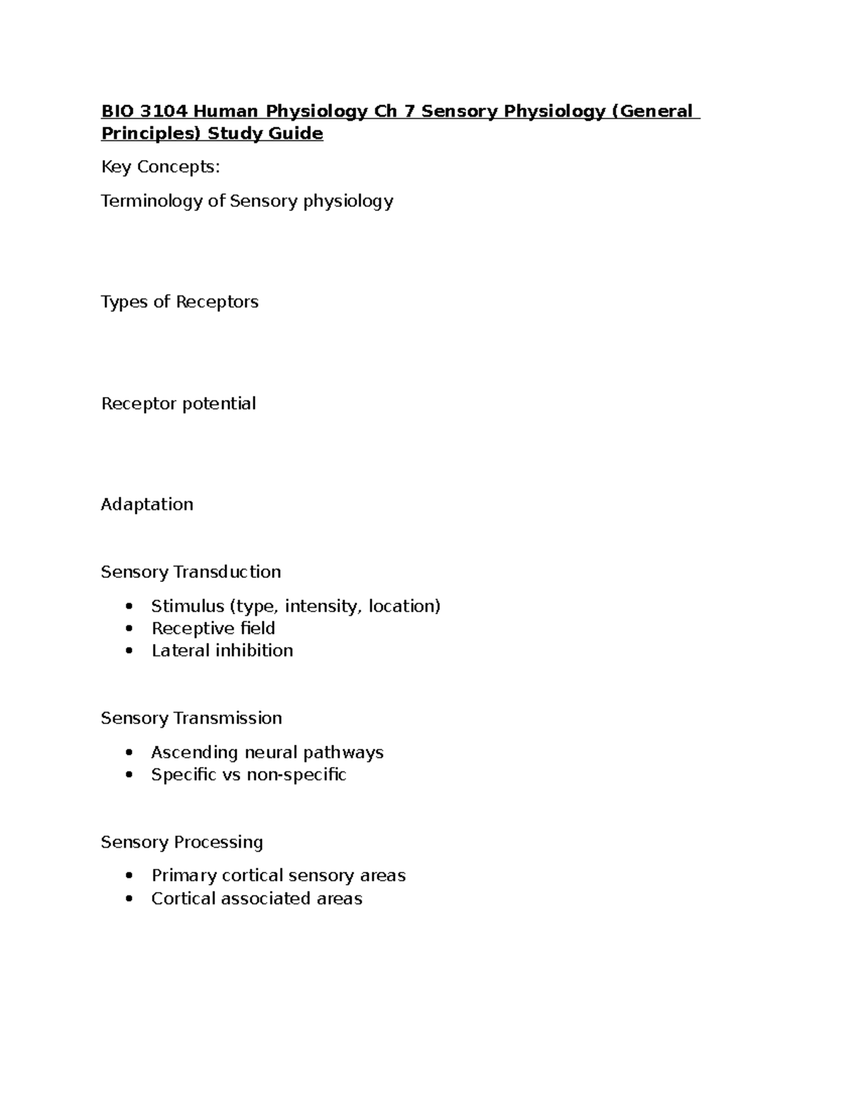 BIO 3104 Human Physiology: Chapter 7 Sensory Physiology Study Guide ...