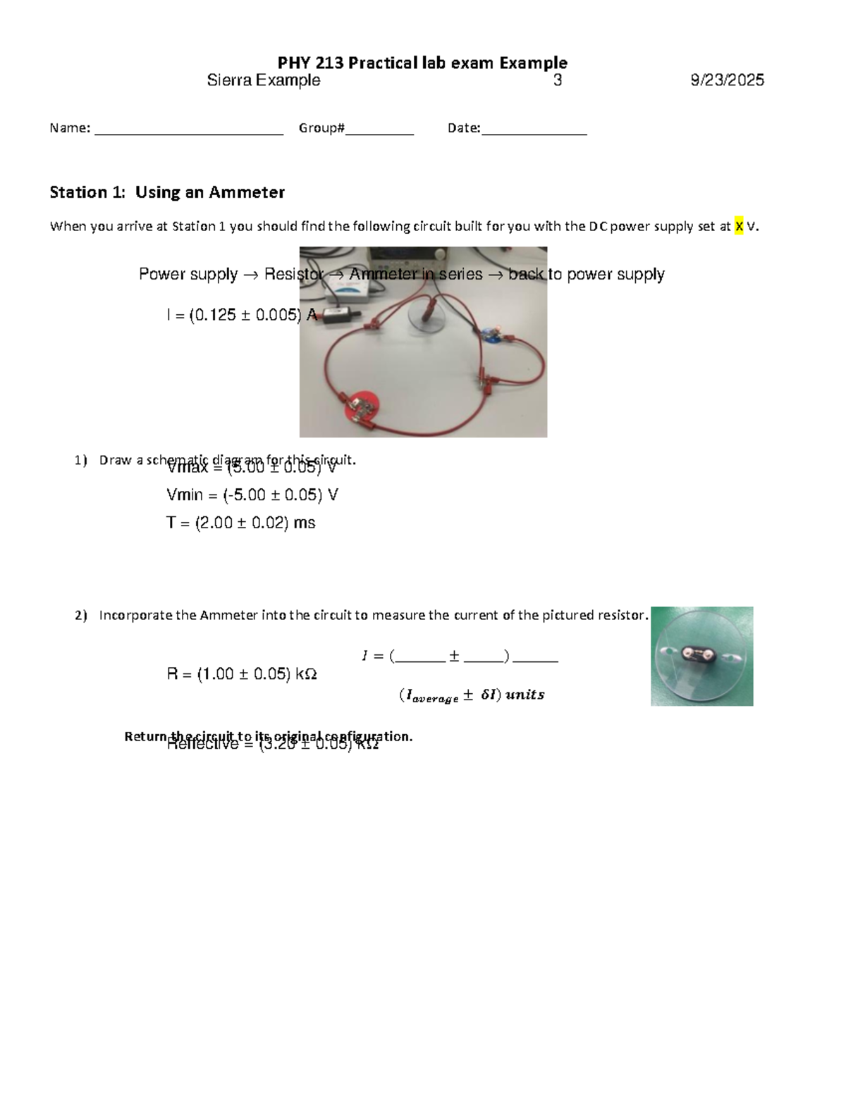 PHY 213 Practical Lab Exam: Ammeter Circuit Example - Studocu