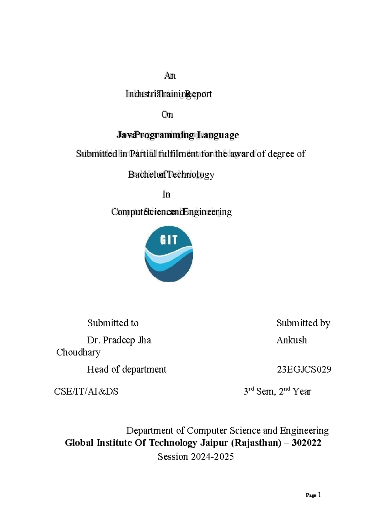 Industrial Training Report on Java Programming Language (GITCSE) - Studocu