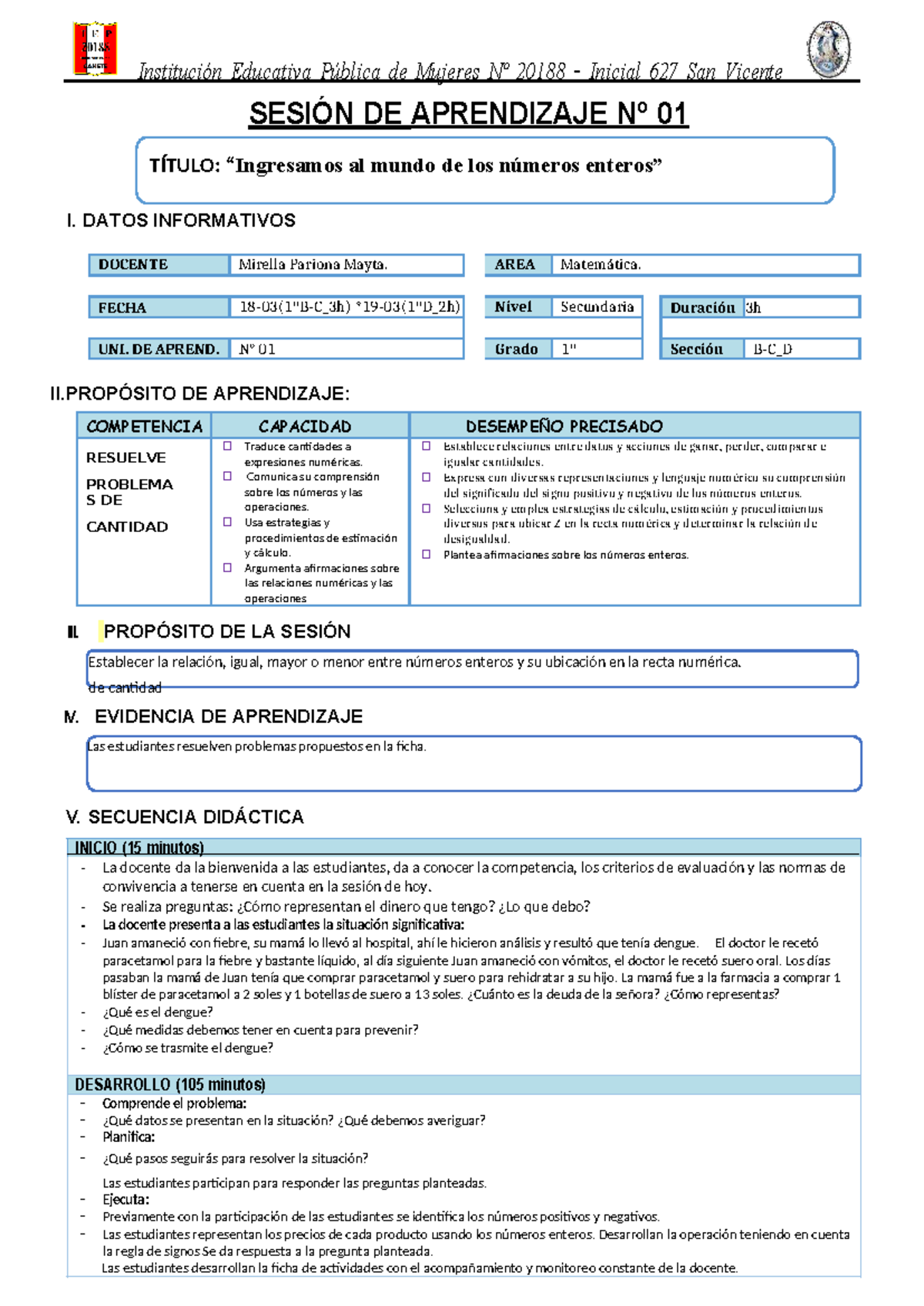 XX Sesion DE Aprendizaje Nº 01 -1º - Institución Educativa Pública de ...