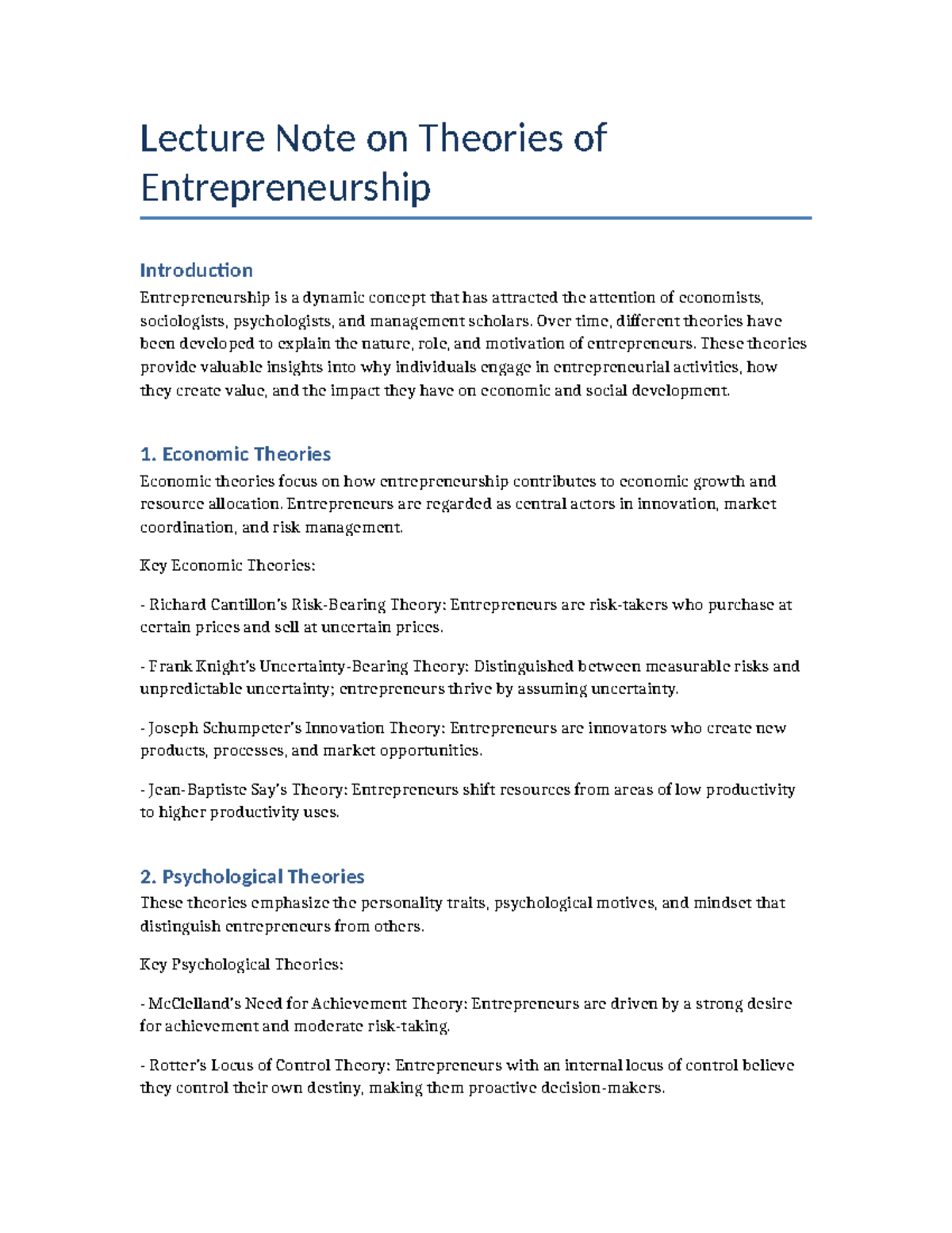 Lecture Notes on Theories of Entrepreneurship (ENT 101) - Studocu