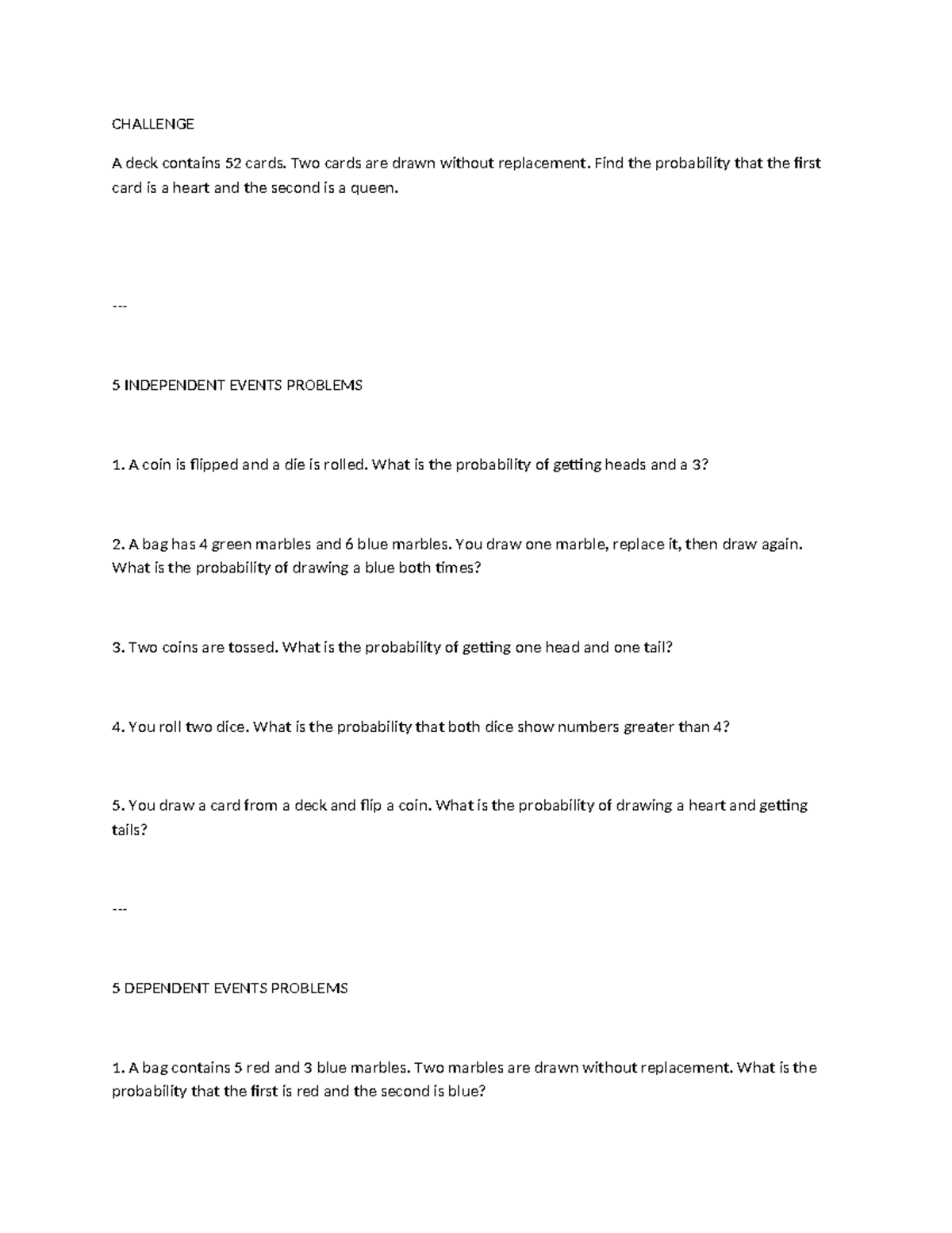 Probability and Independent/Dependent Events Problems - PROB ACT - Studocu