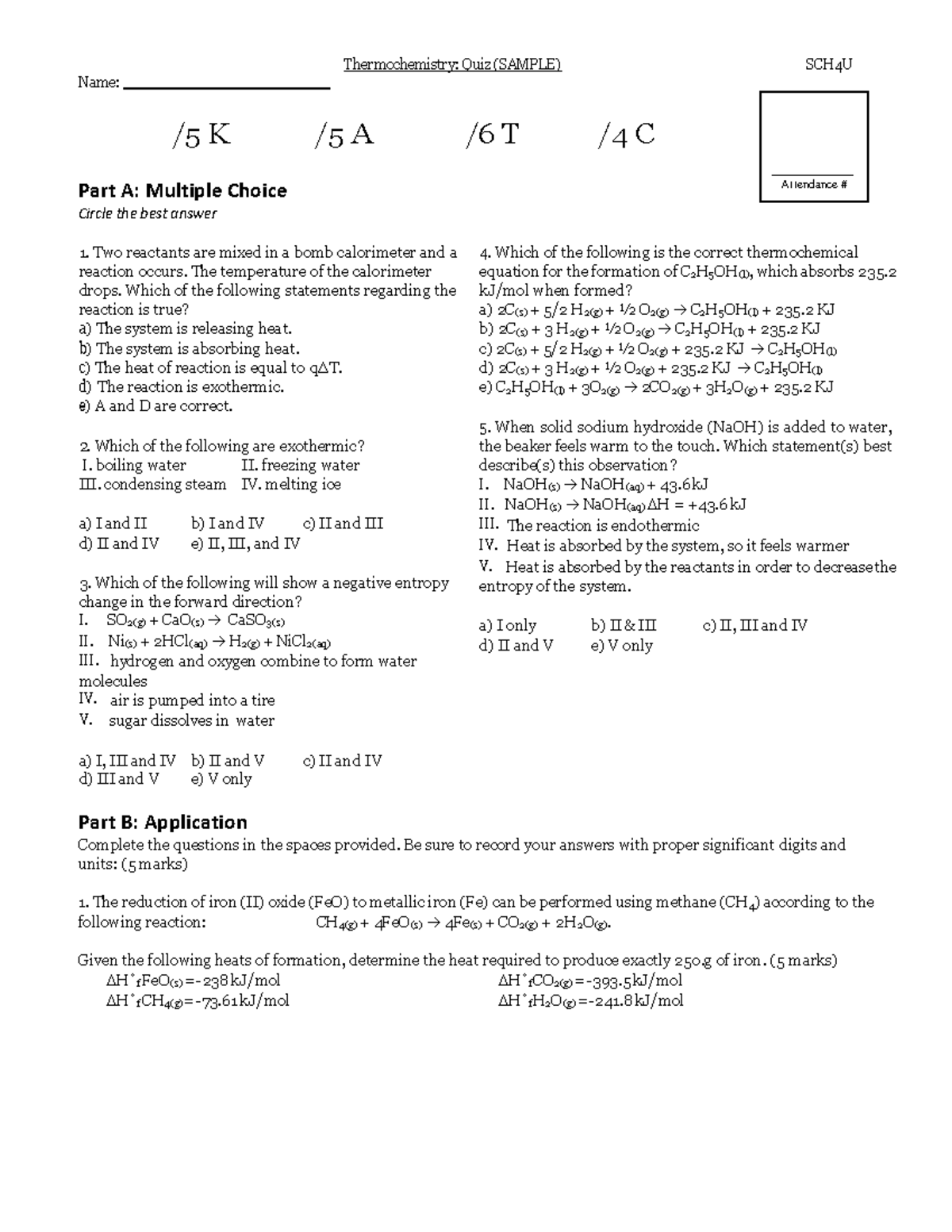 03 - SCH4U Thermochemistry Quiz: Sample Questions & Answers - Studocu