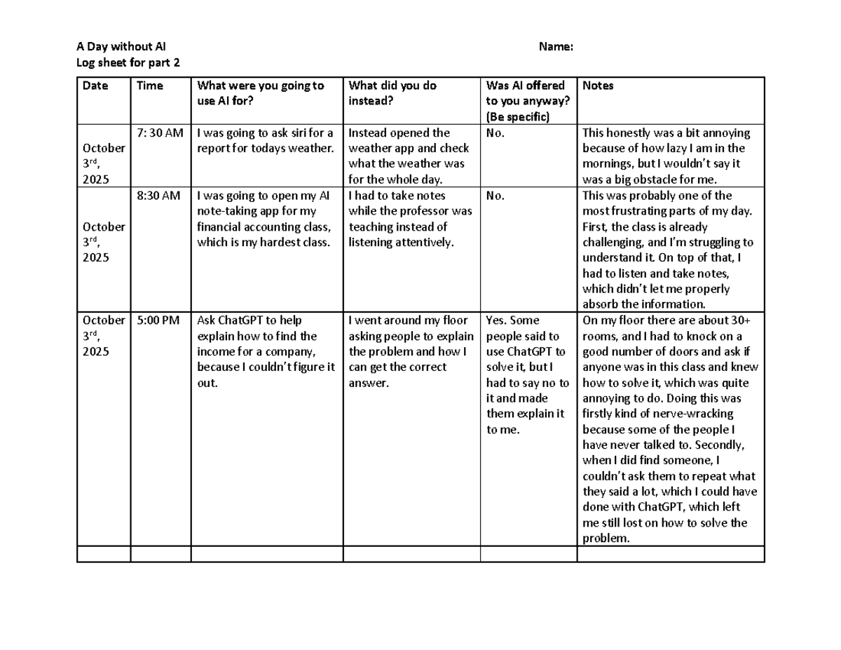 A Day Without AI Log Sheet Pt 2 - Abdullah Ashfaq - Studocu