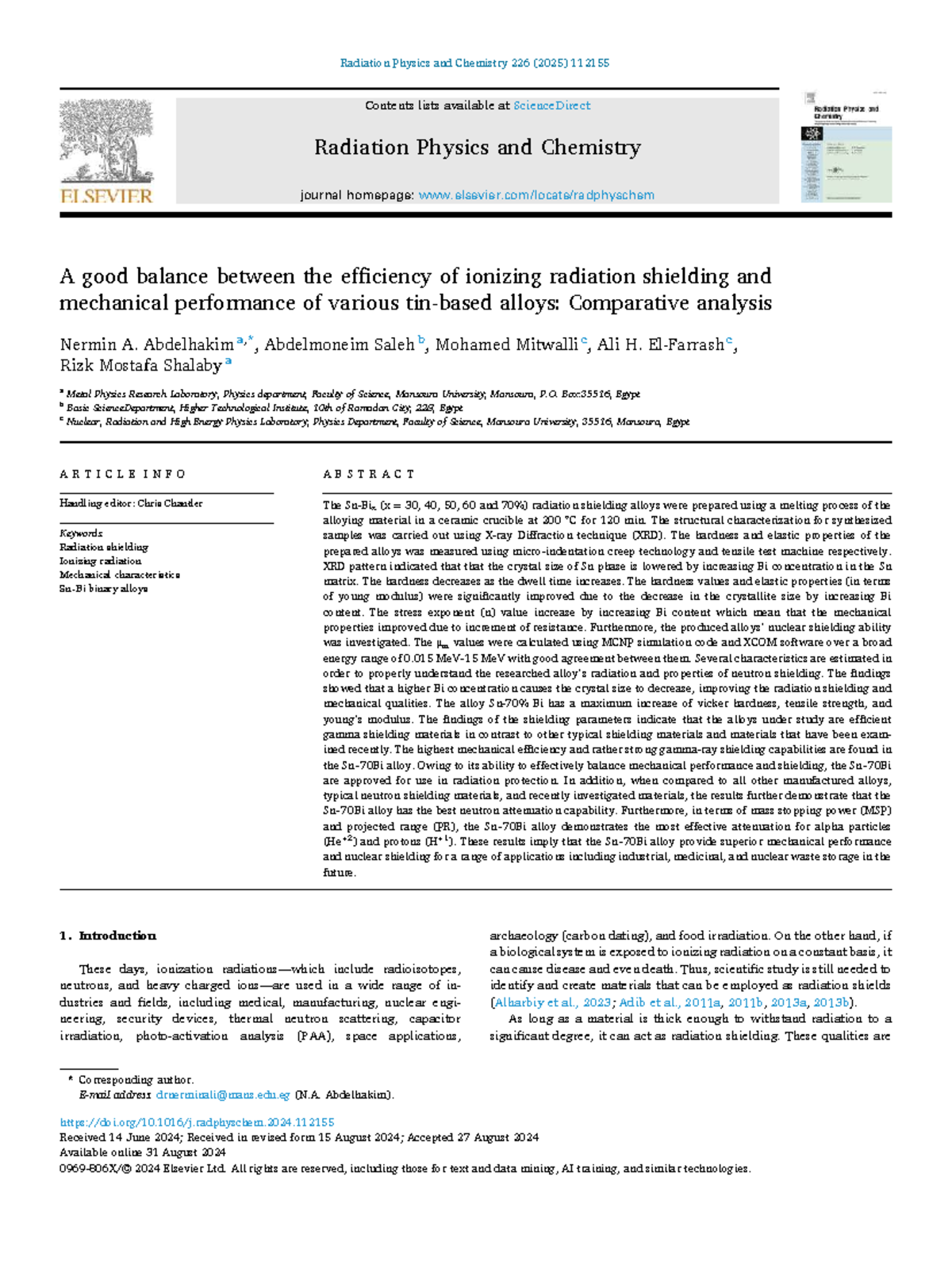 Radiation Physics and Chemistry 226: Efficient Ionizing Radiation ...