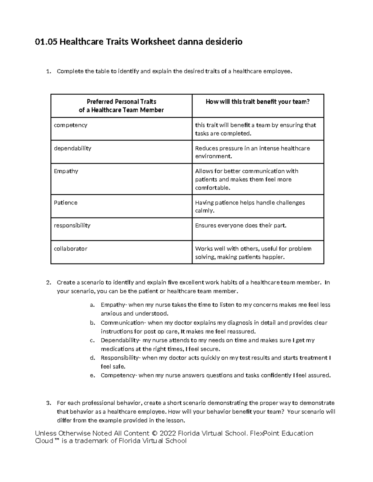Health Science Foundations Honors: Healthcare Traits & Work Habits ...
