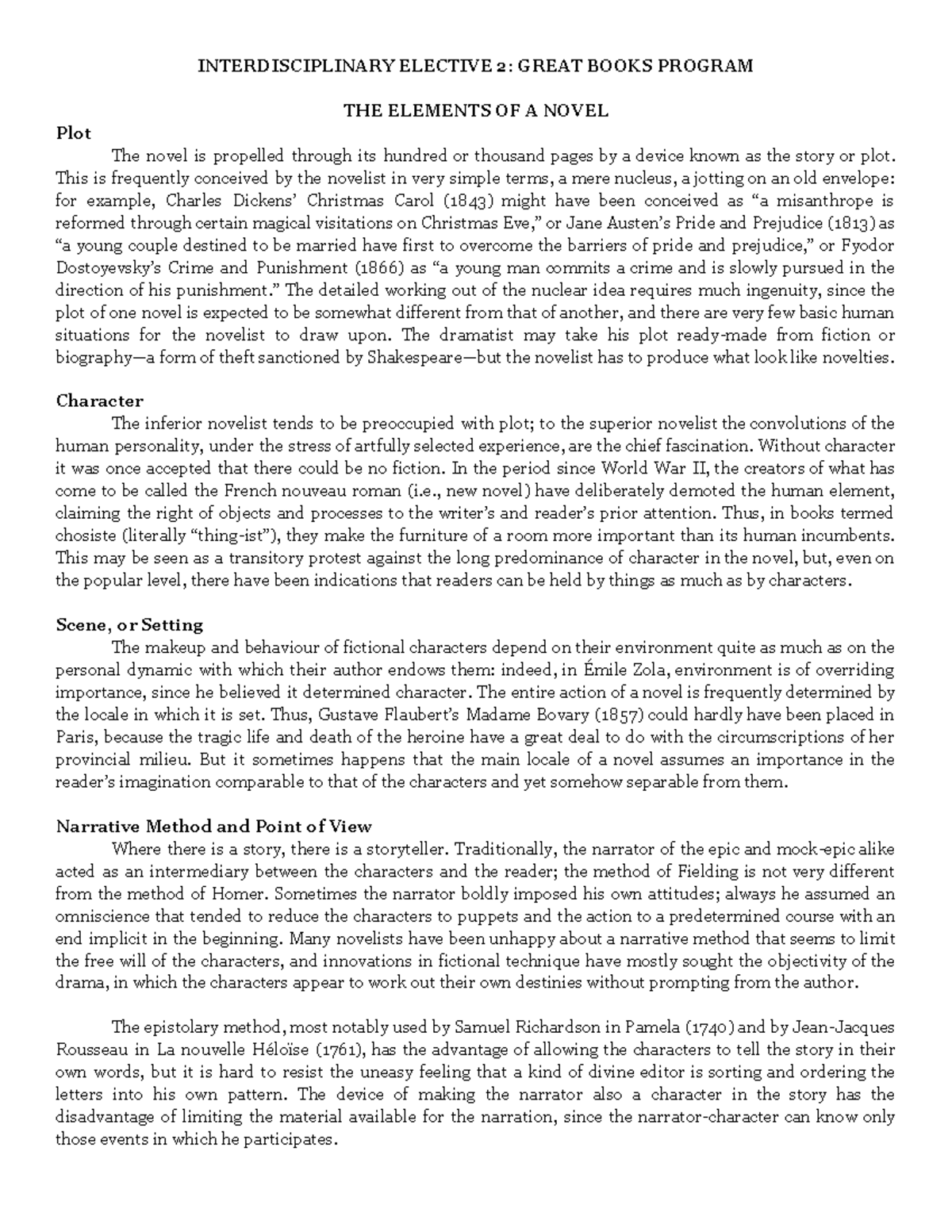 The Elements of a Novel - Interdisciplinary Elective 2 Great Books ...