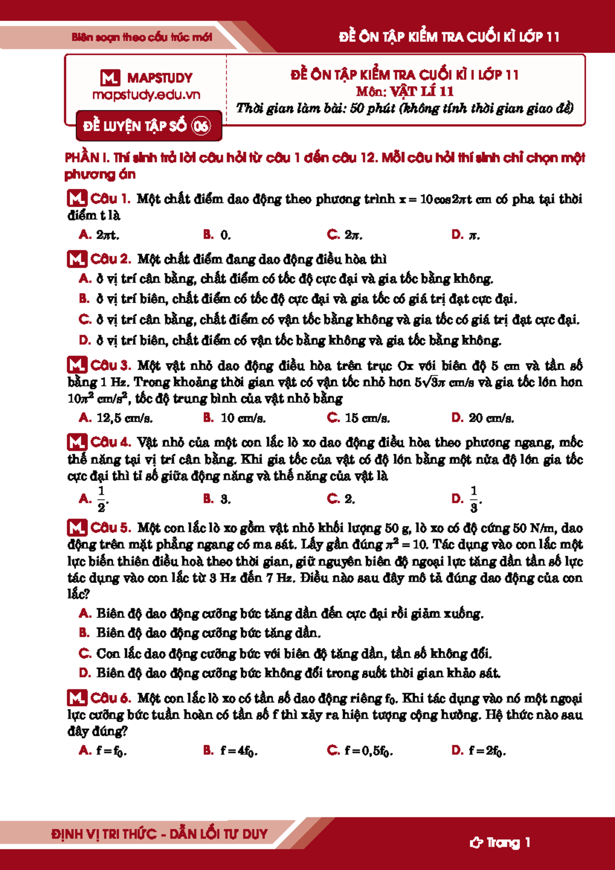 Bộ Đề Ôn Tập Cuối Kì 1 - Vật Lí 11 - Đề 6 đến Đề 10 - Studocu