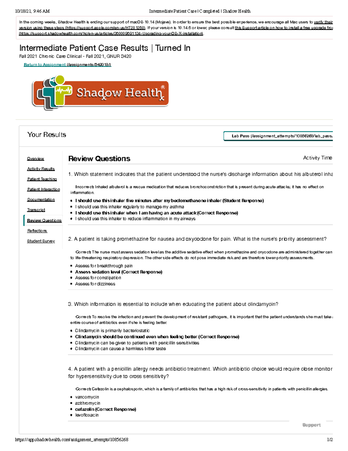 Intermediate Patient Case Results for Tina Jones - GNUR 3420 Fall 2021 ...