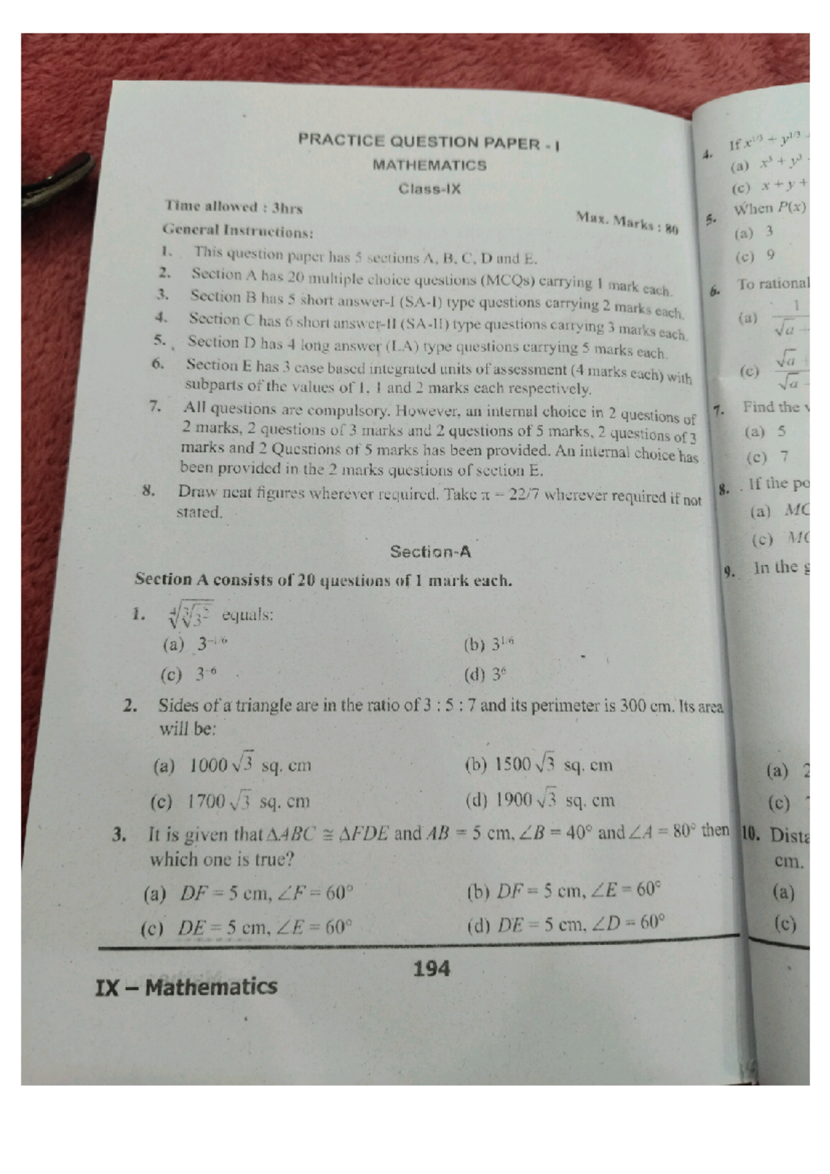 Maths sample paper 1 - PRACTICE QUESTION PAPER I If 4. MATHEMATICS (a ...