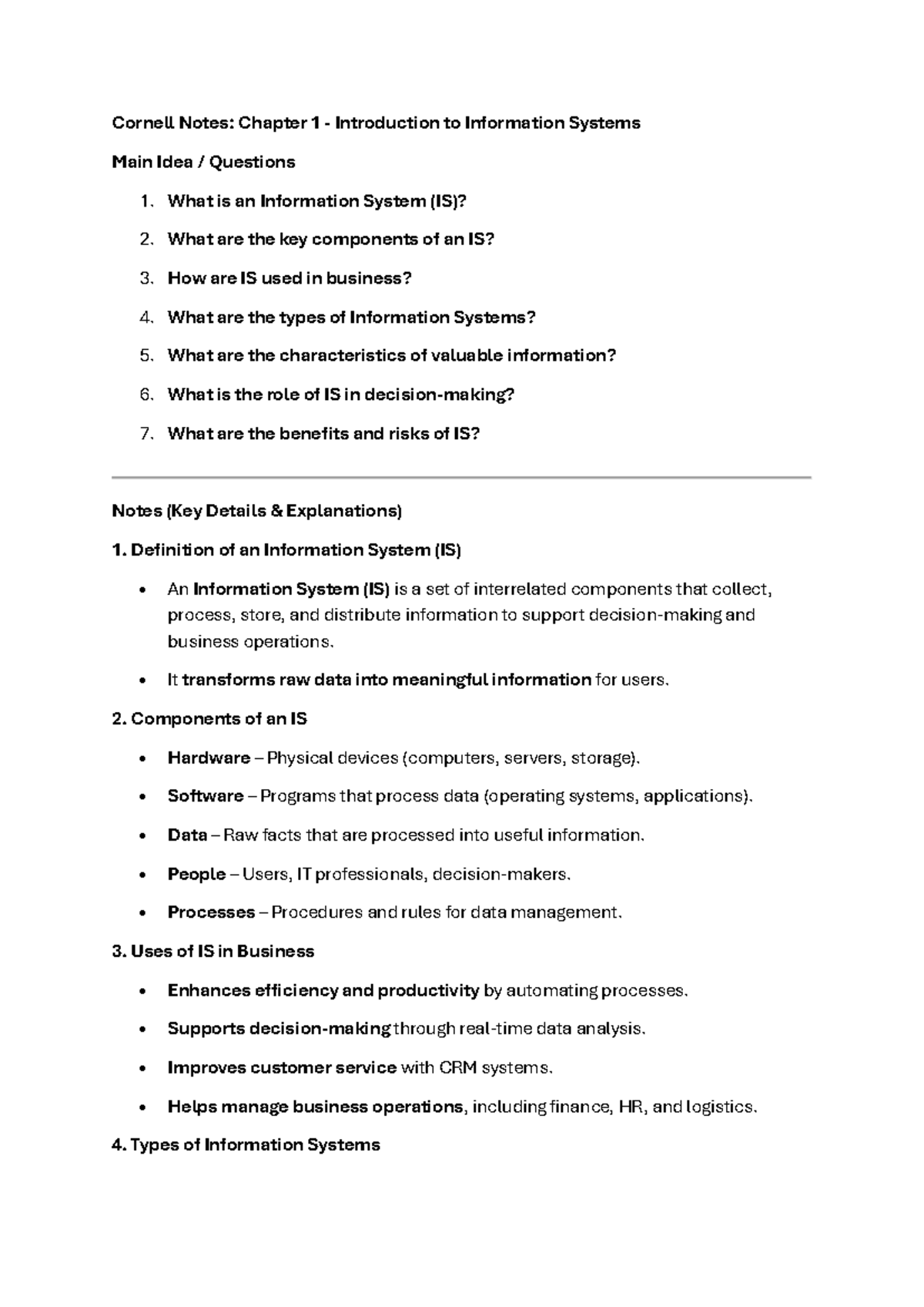 Cornell Notes: Chapters 1-4 Overview of Information Systems Concepts ...