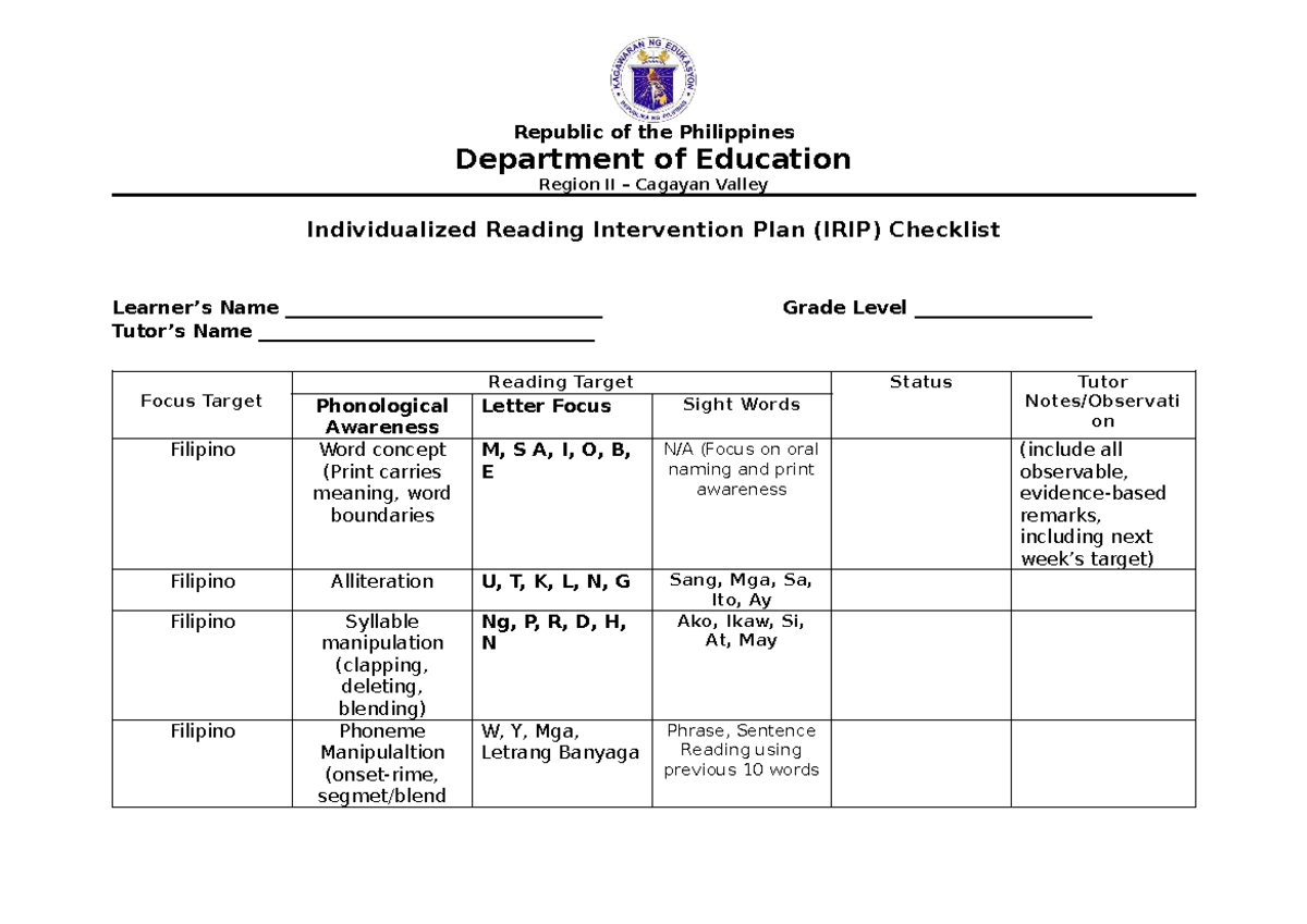 Individualized Reading Intervention Plan Checklist for ARAL - Studocu