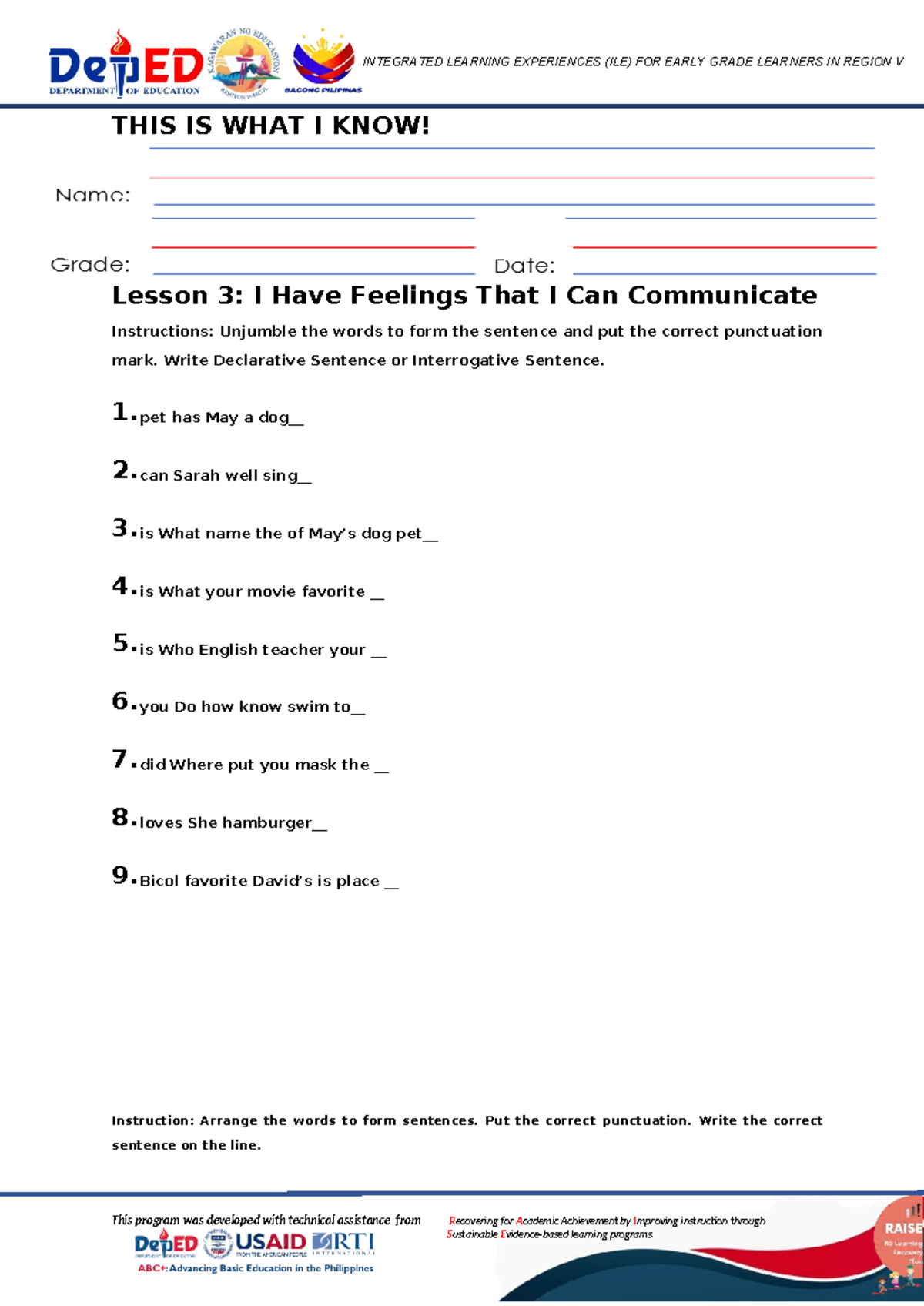 ILE ENG-Q2: Lesson 3 - Communicating Feelings Through Sentences - Studocu