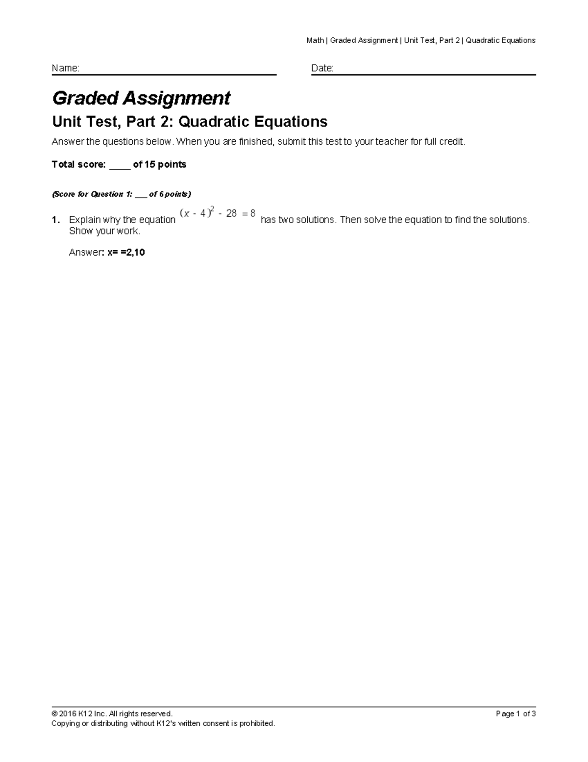 Math 101: Graded Assignment - Unit Test 2 on Quadratic Equations - Studocu