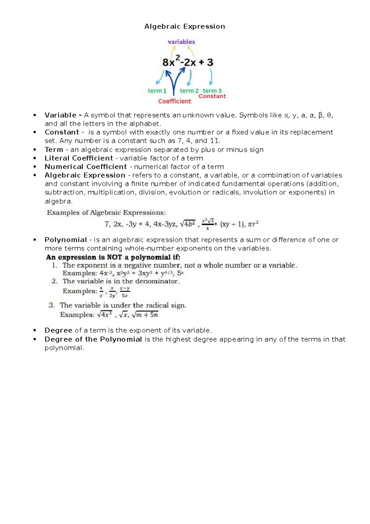 Algebraic Expressions: Key Concepts and Definitions - Studocu