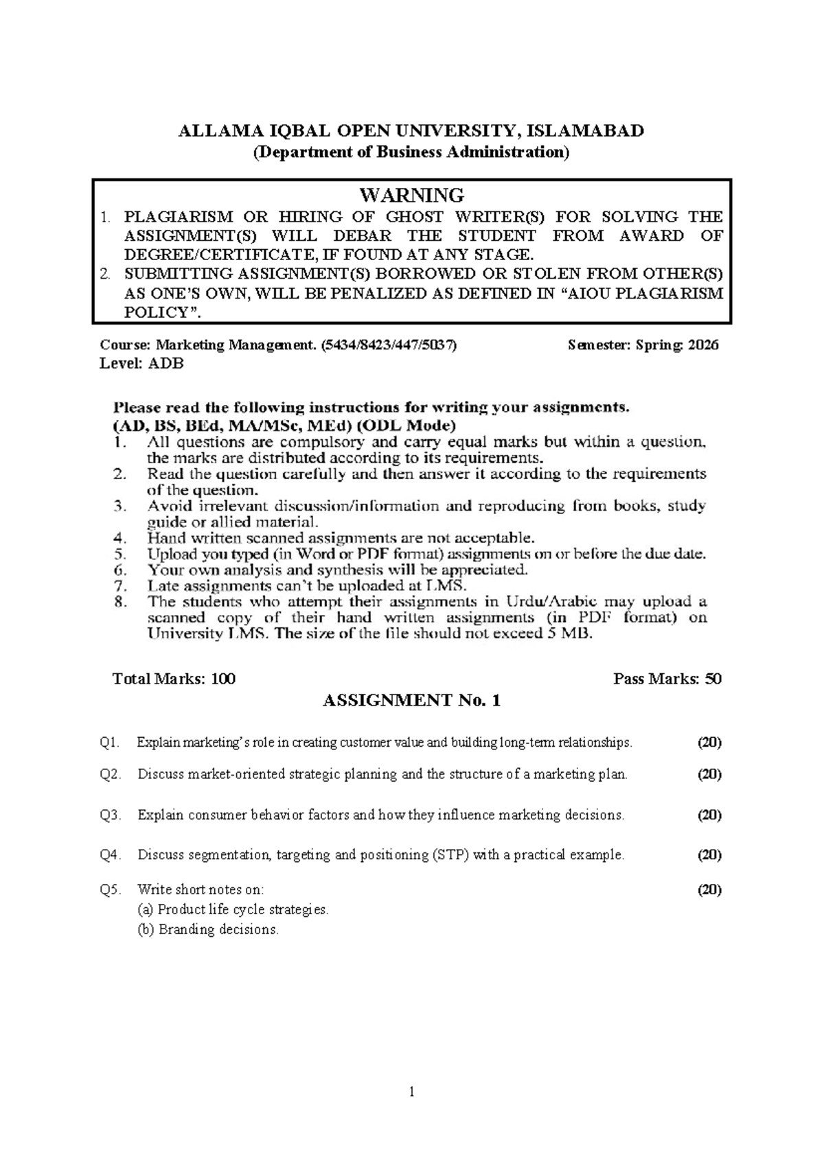 Marketing Management (5434) Assignment Guidelines and Topics - Studocu