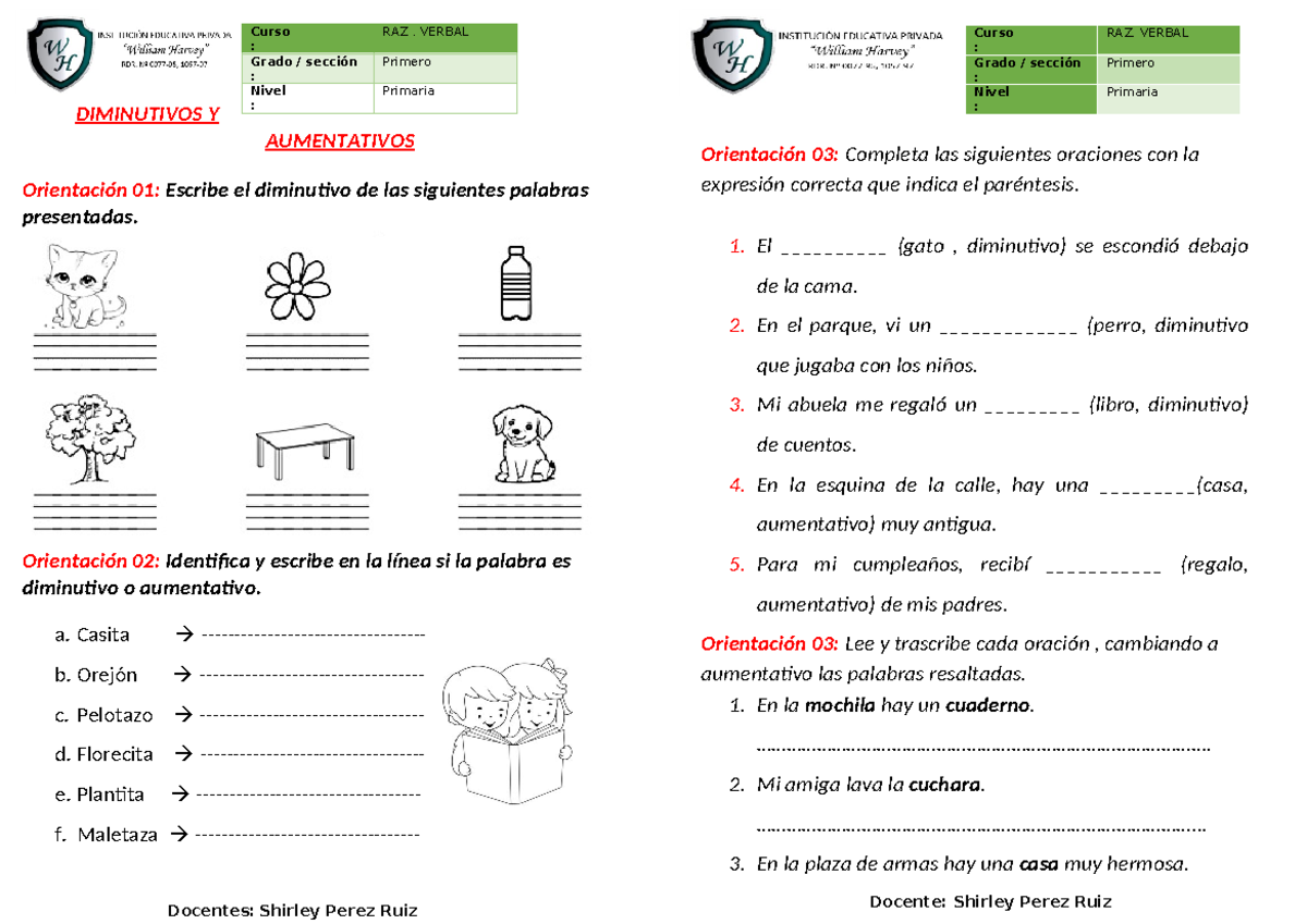 Práctica de Diminutivos y Aumentativos - RAZ. VERBAL 1° Primaria - Studocu