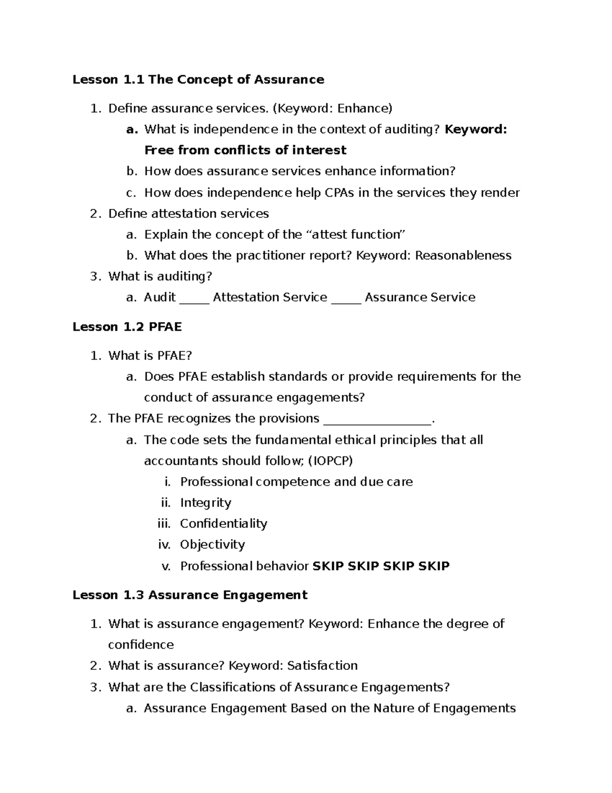 PFAE Assurance Concepts: Lessons on Independence & Engagements - Studocu