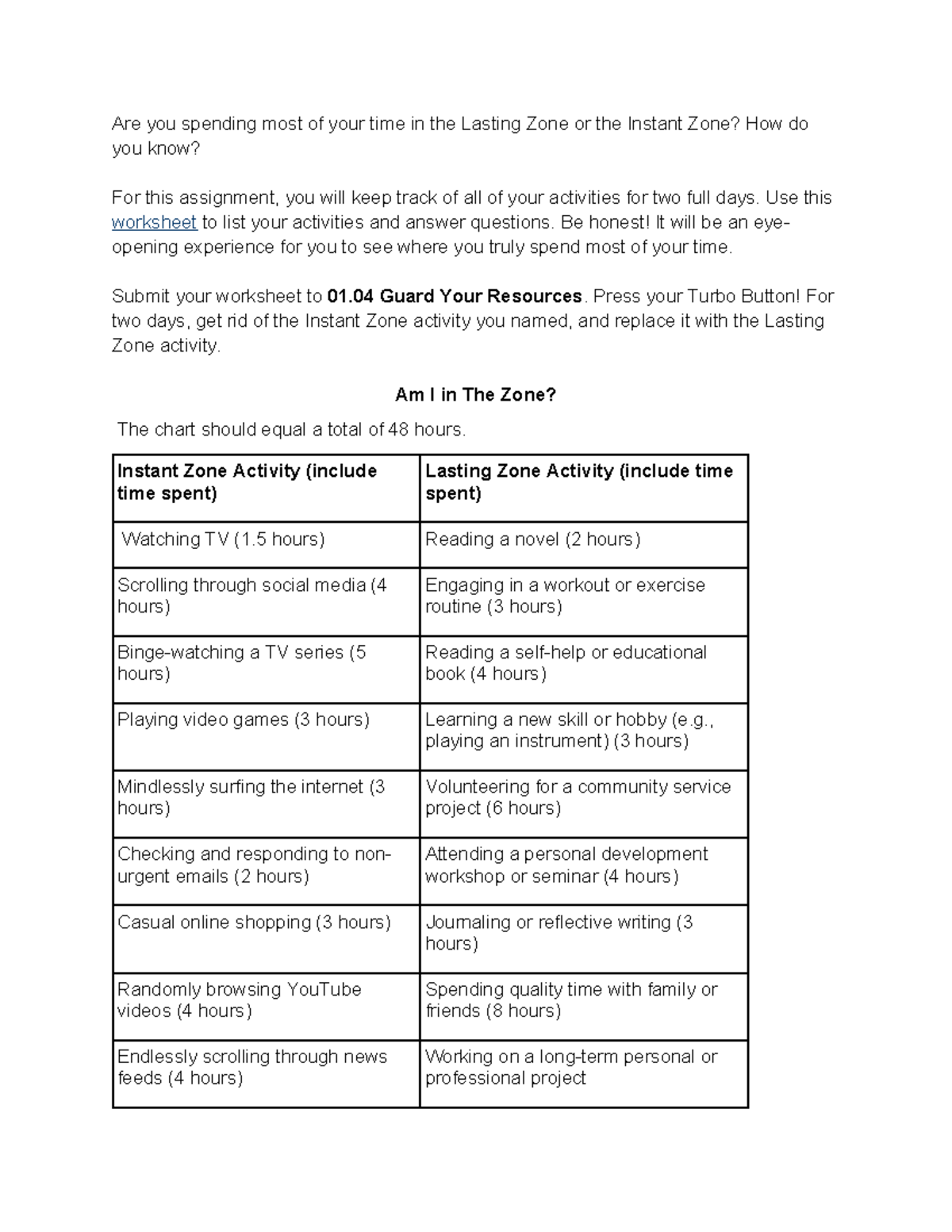 01.04 Assignment: Tracking Your Time in Lasting vs. Instant Zones - Studocu