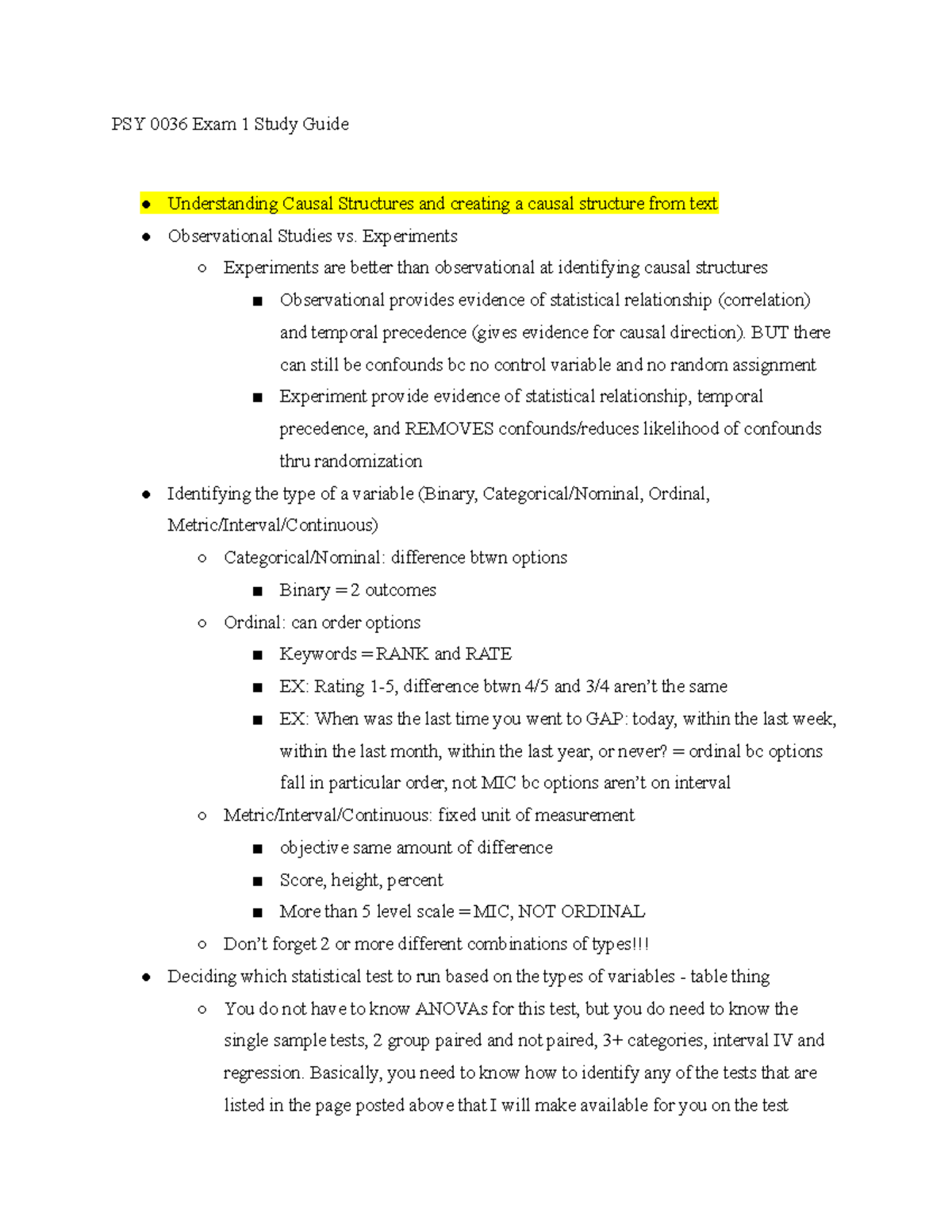 Exam 1 Study Guide - PSY 0036 Psych Research Methods (Prof. Rottman ...