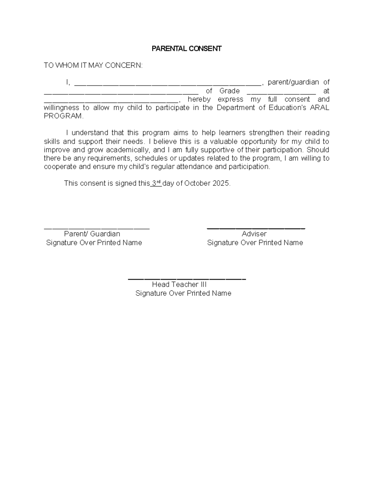 Consent Form for ARAL Program Participation - Studocu